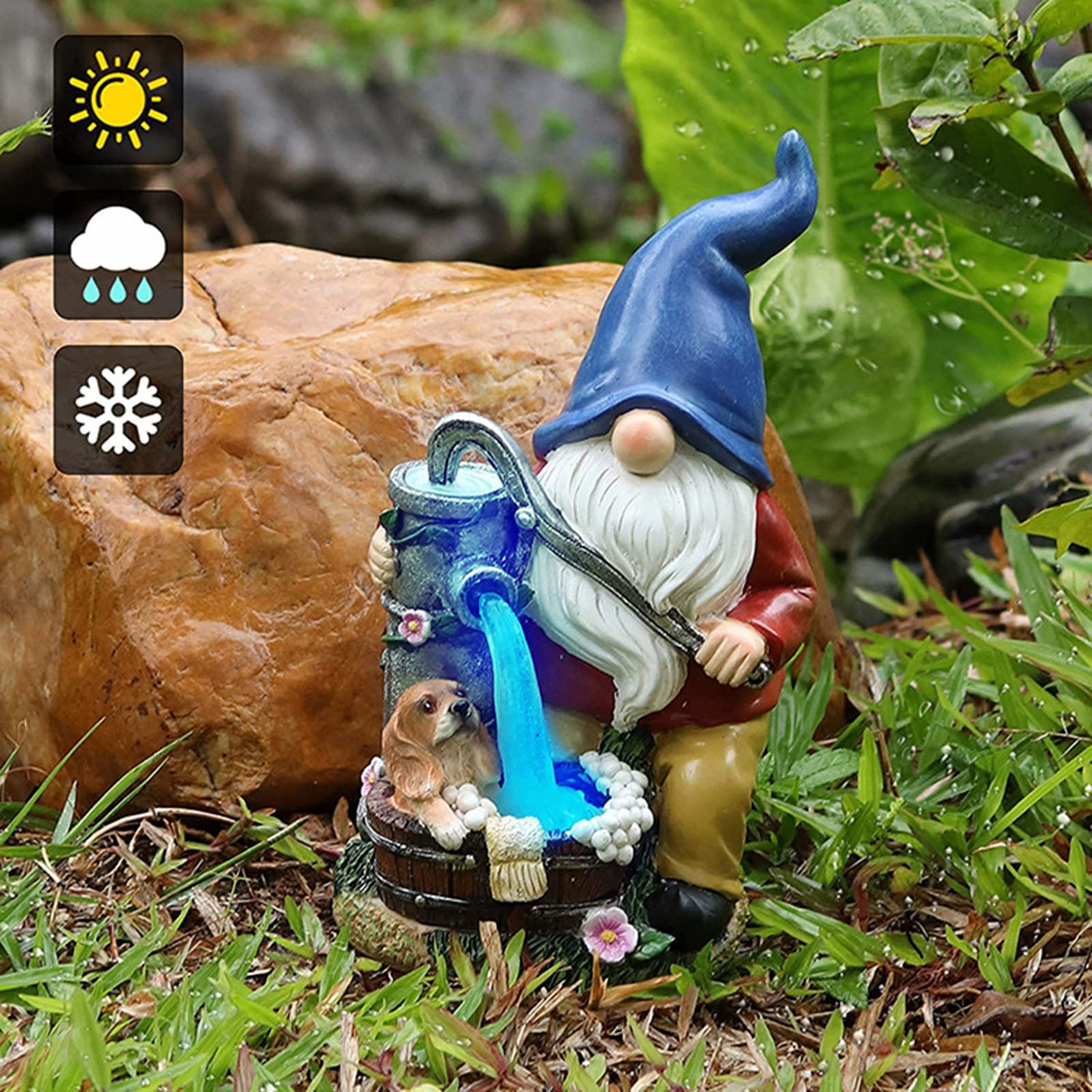 Callipe Solar Pumping Gnome Figurine with Light Washing Dog Dwarf Elf ...