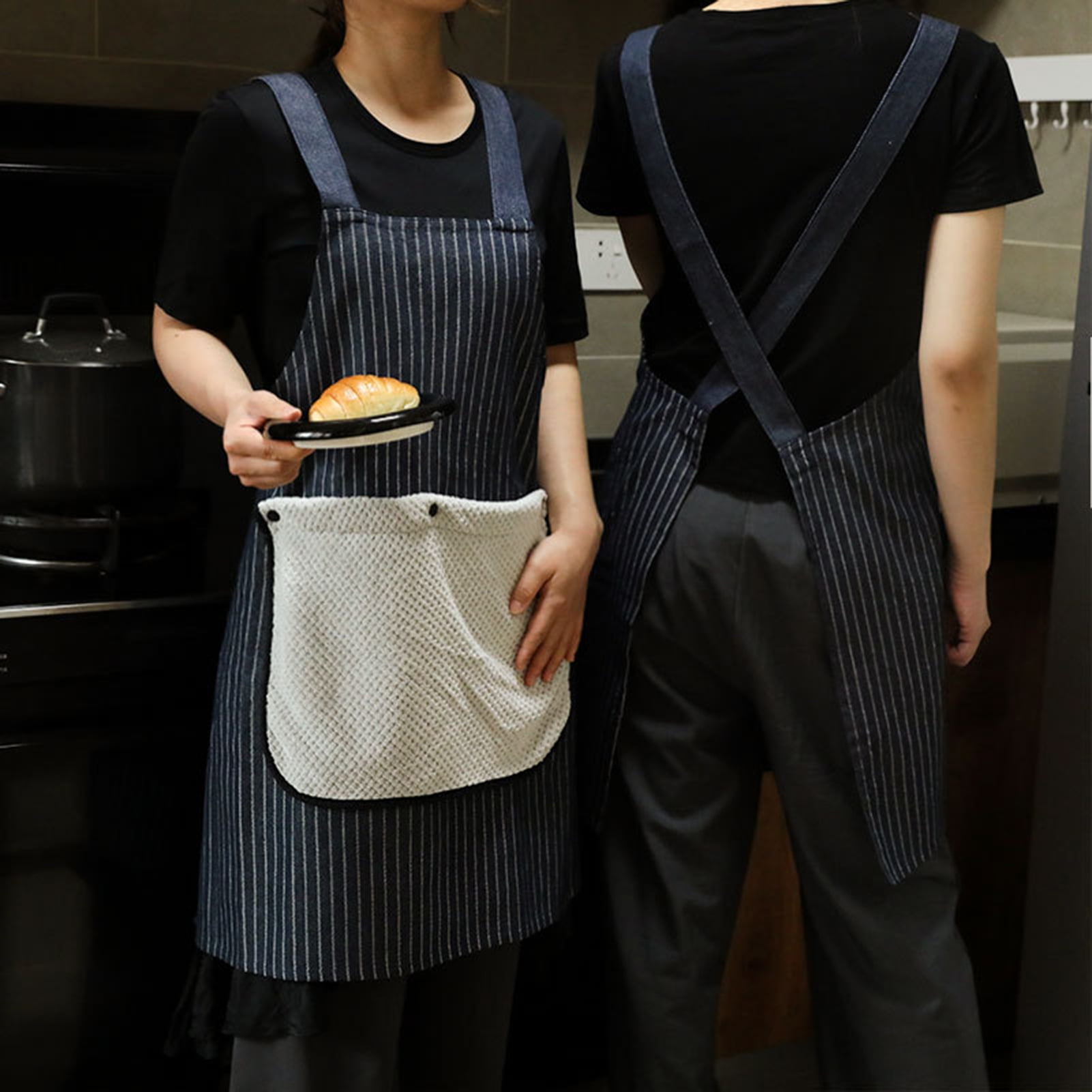 Callipe Stripe Stain-resistant Kitchen Apron with Pocket And Removable ...