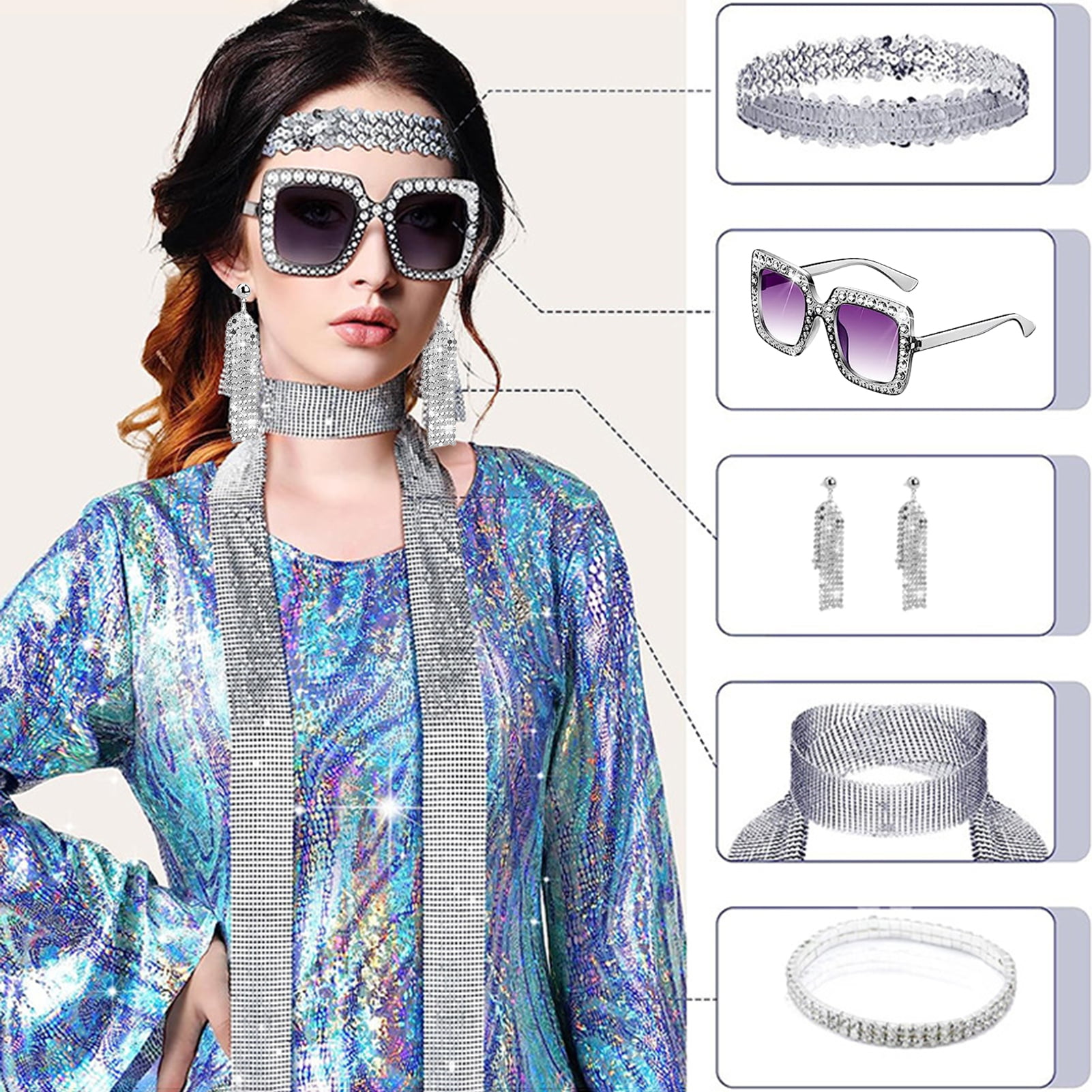 Callipe Women Costume Accessories Sequin Jewelry Set Earrings Glasses Headband Bracelet Disco ...