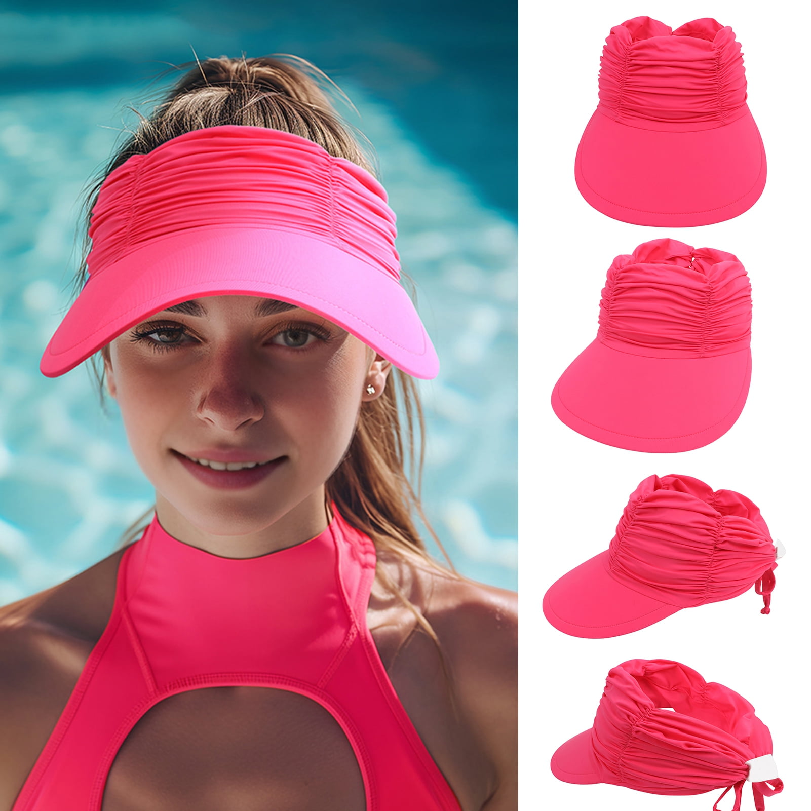 Callipe Women Sun Hat Pleated Adjustable Lace-up Wide Brim Solid Color ...