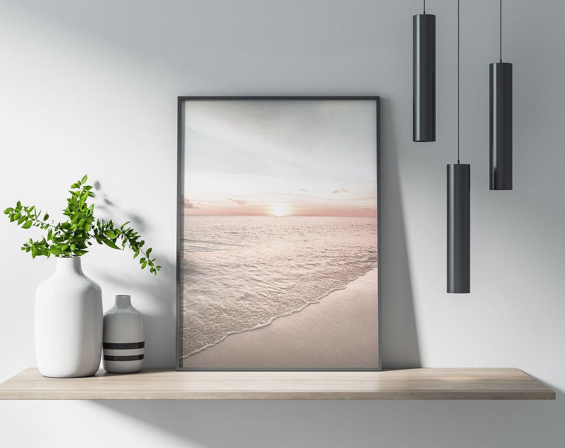 Calm Beach Sunset Nature Art Minimalist Design, Stretched Canvas 8x10in ...