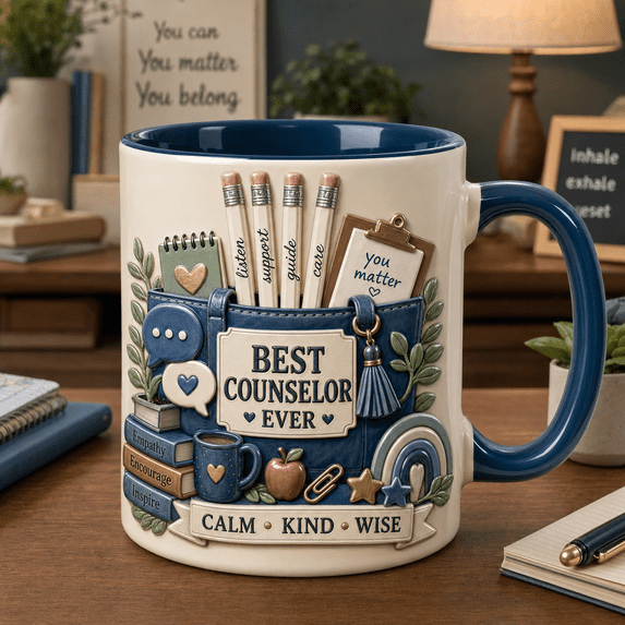 Calm Blue School Counselor Mug, 3D Effect Mug for Best Counselor Ever ...