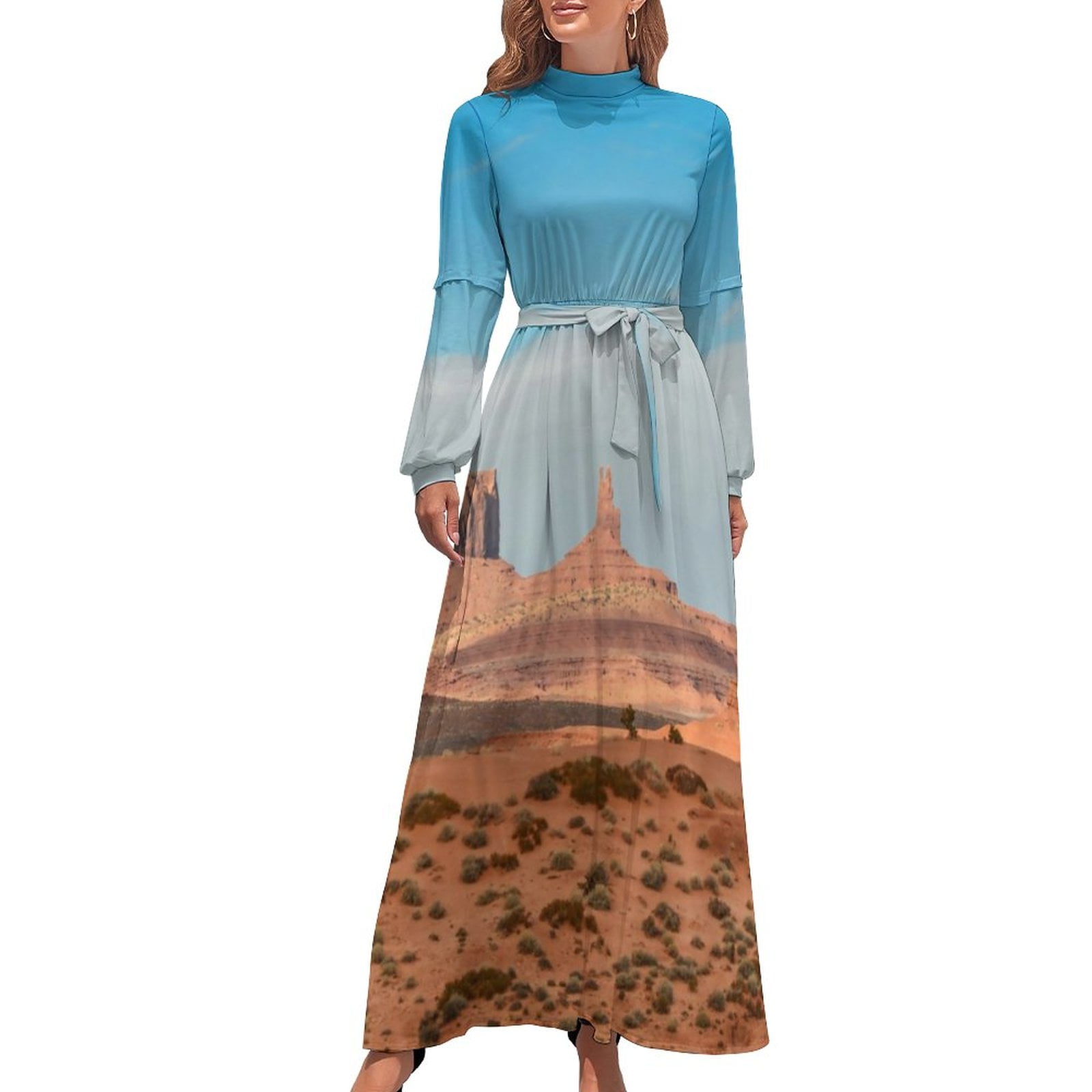 Calm Desert Dress High Neck Blue Sky Print Custom Bohemia Dresses Long ...