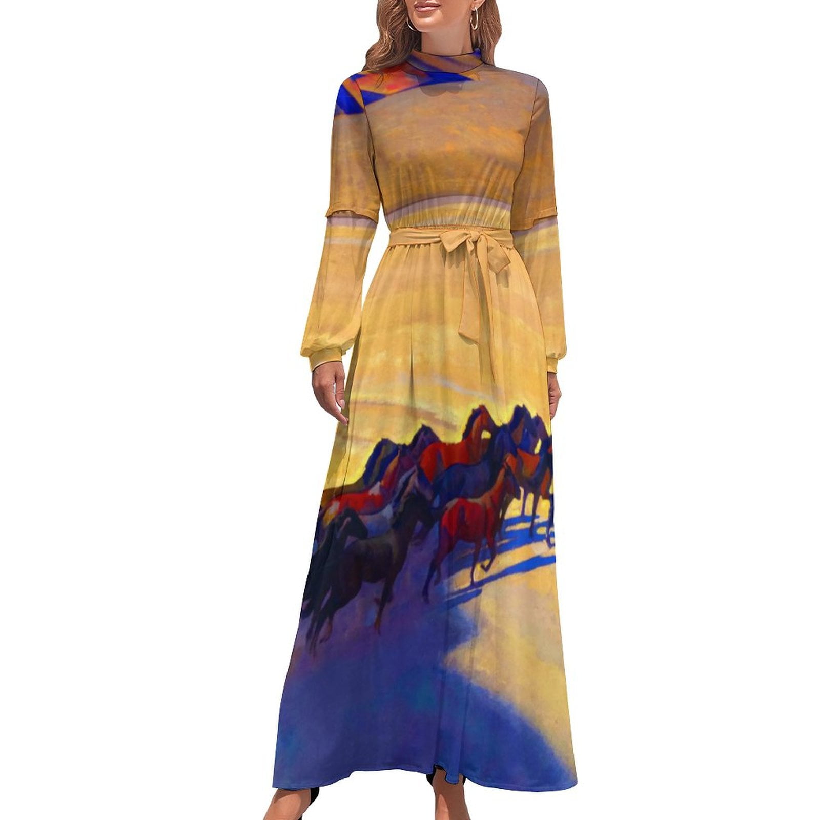 Calm Desert Dress High Neck Blue Sky Print Custom Bohemia Dresses Long ...