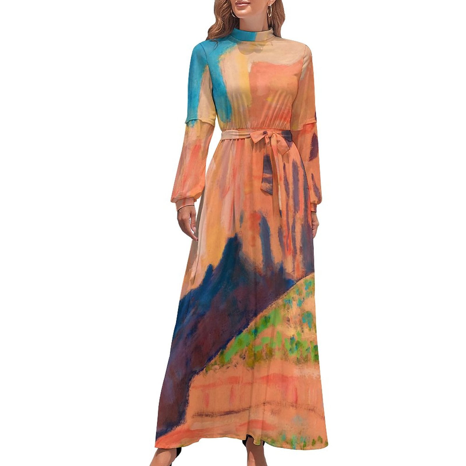 Calm Desert Dress High Neck Blue Sky Print Custom Bohemia Dresses Long ...