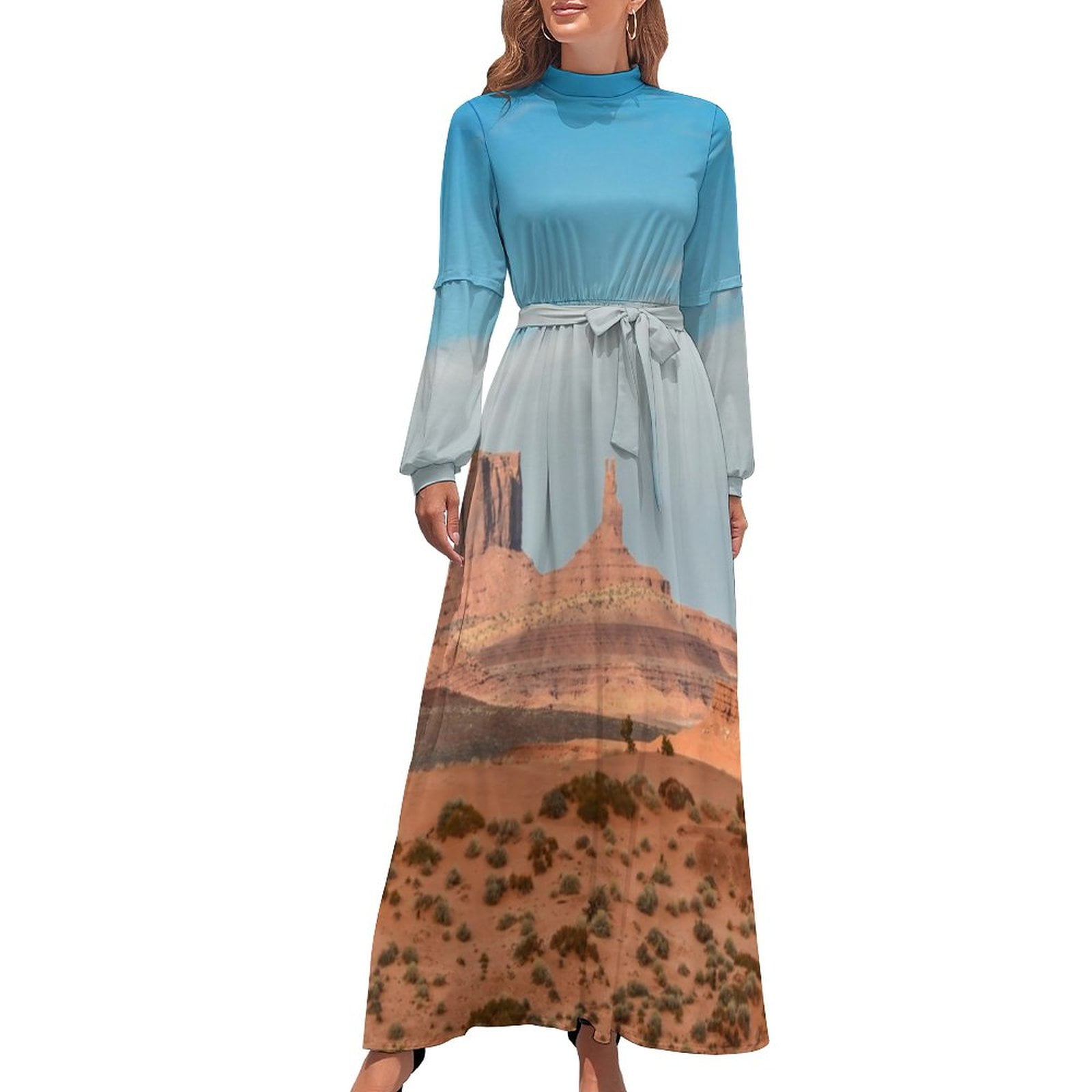 Calm Desert Dress High Neck Blue Sky Print Custom Bohemia Dresses Long ...