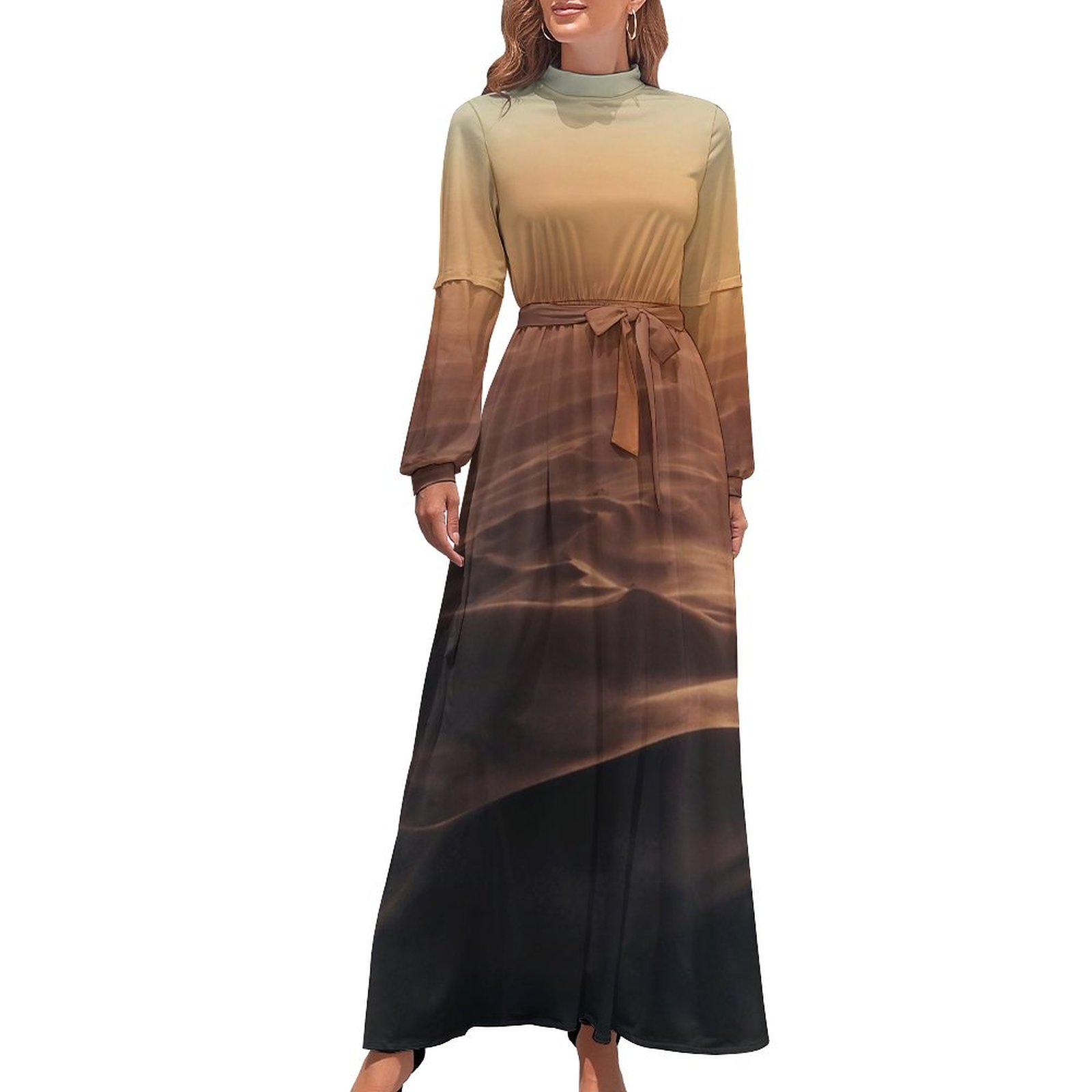 Calm Desert Dress High Neck Blue Sky Print Custom Bohemia Dresses Long ...