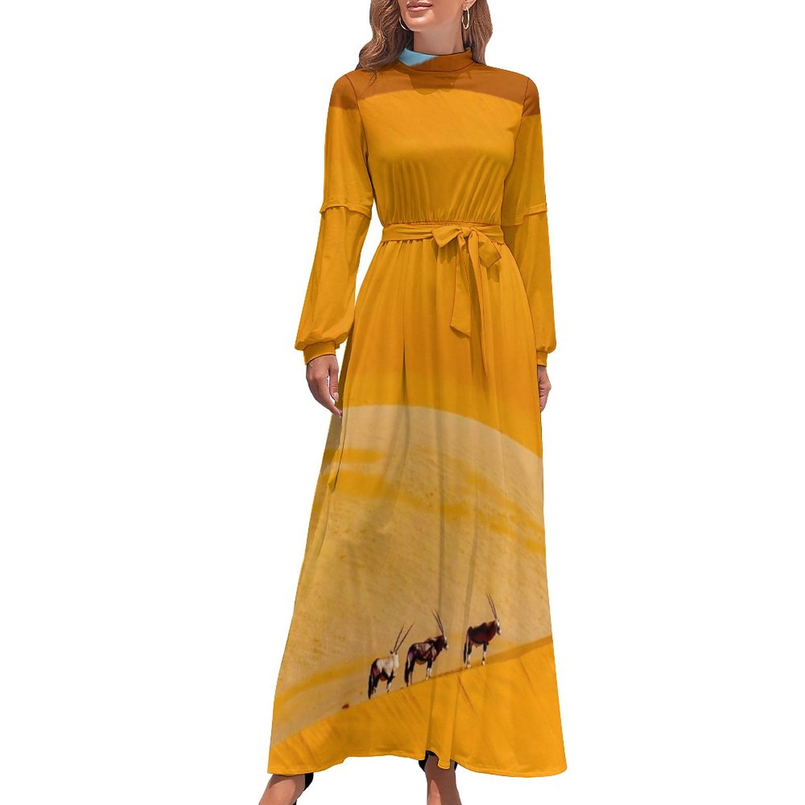 Calm Desert Dress High Neck Blue Sky Print Custom Bohemia Dresses Long ...