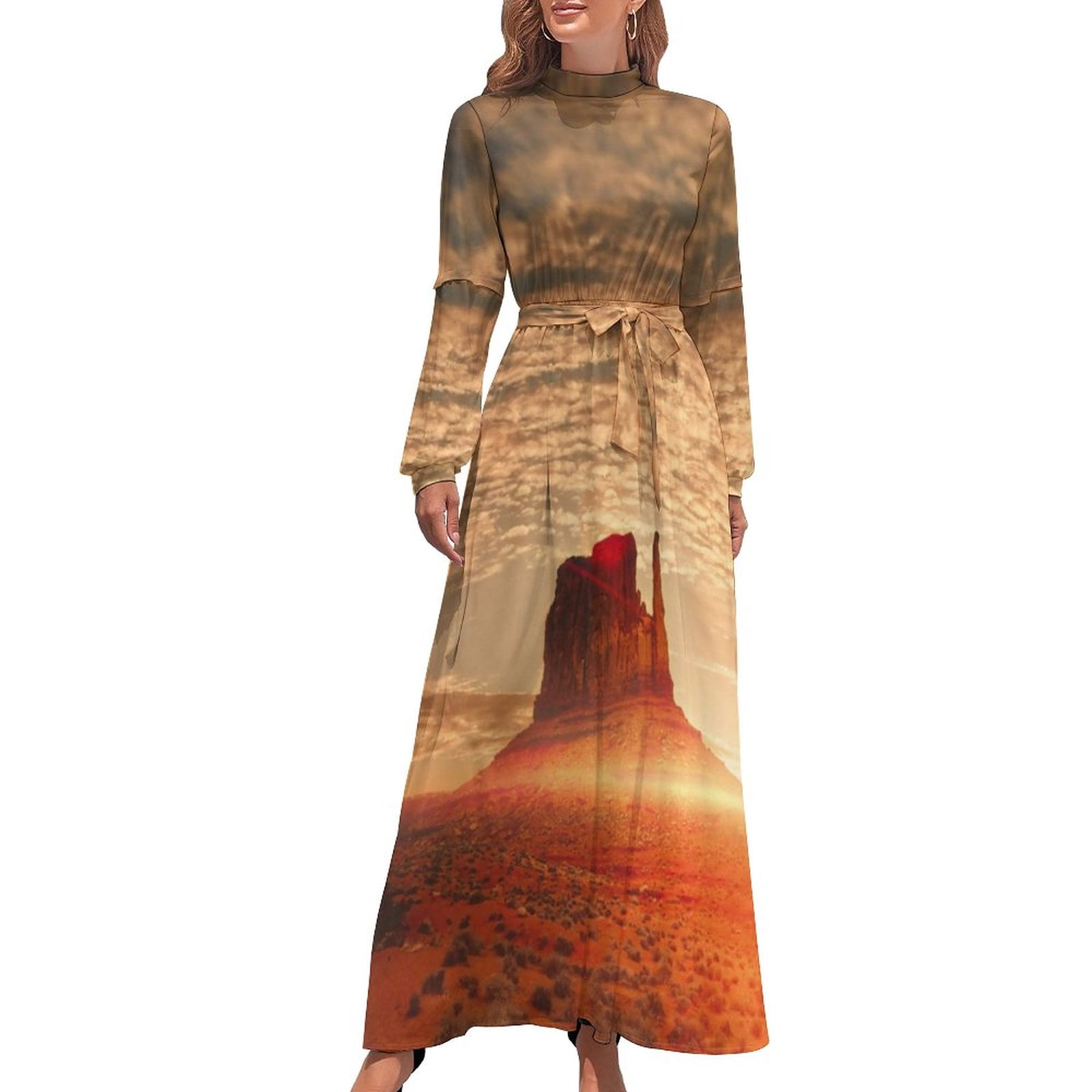 Calm Desert Dress High Neck Blue Sky Print Custom Bohemia Dresses Long ...