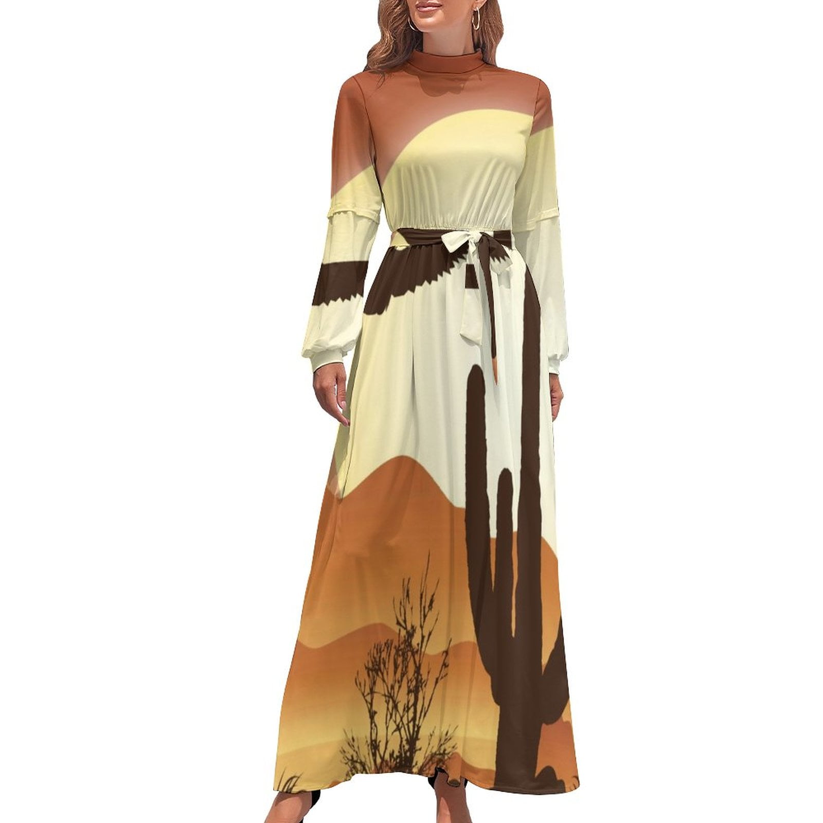 Calm Desert Dress High Neck Blue Sky Print Custom Bohemia Dresses Long ...