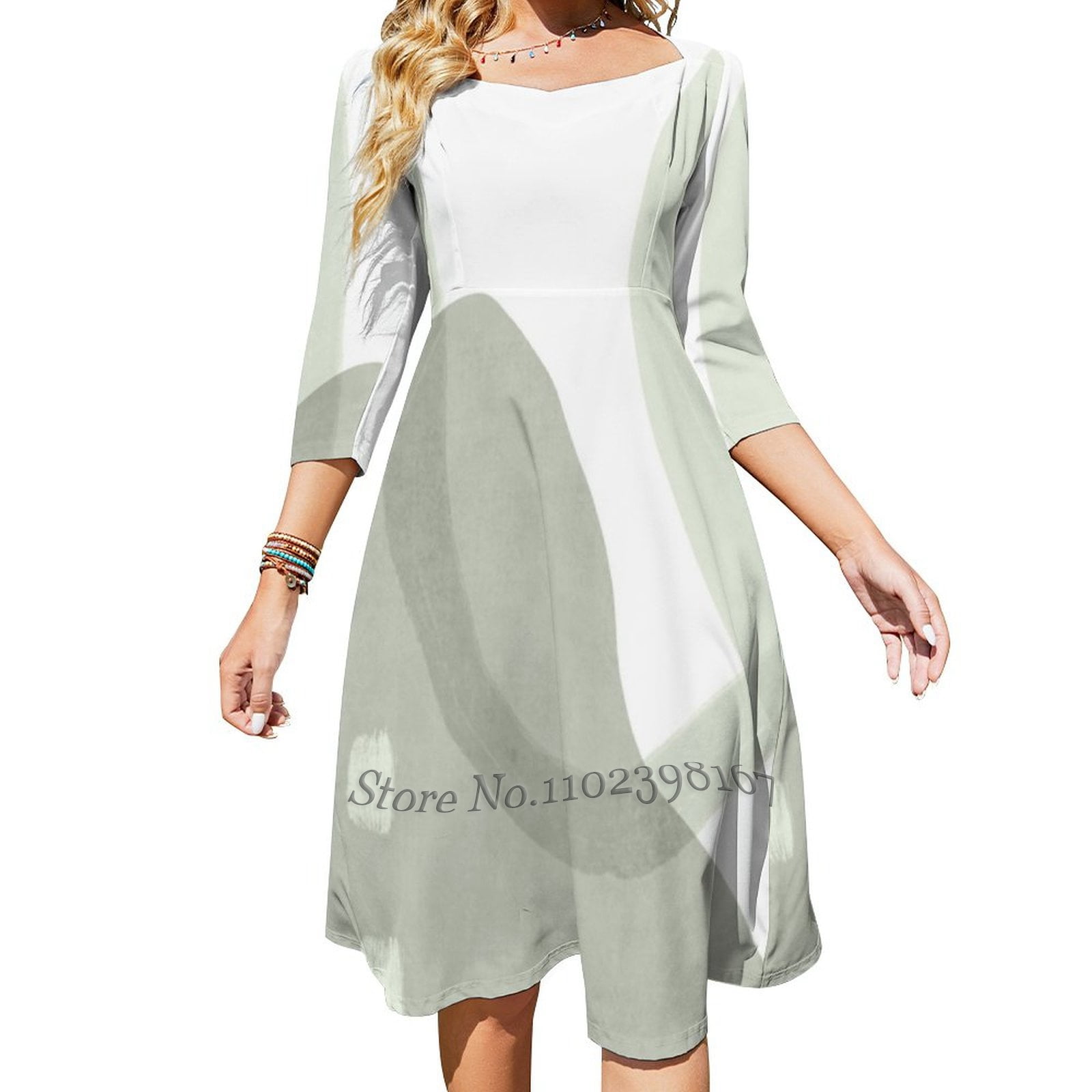 Calm Green Shapes Pattern Flare Dress Square Neck Dress Elegant Female ...