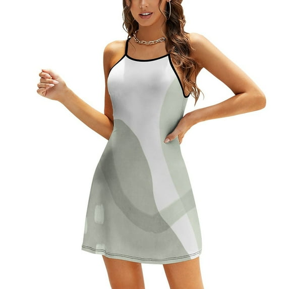 Calm Green Shapes Pattern Flare Dress Square Neck Dress Elegant Female ...