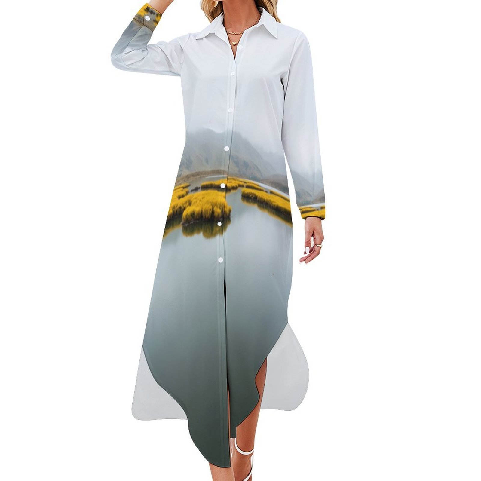 Calm Lake Golden Islands Shirt Dress Long Sleeve Street Fashion V Neck ...