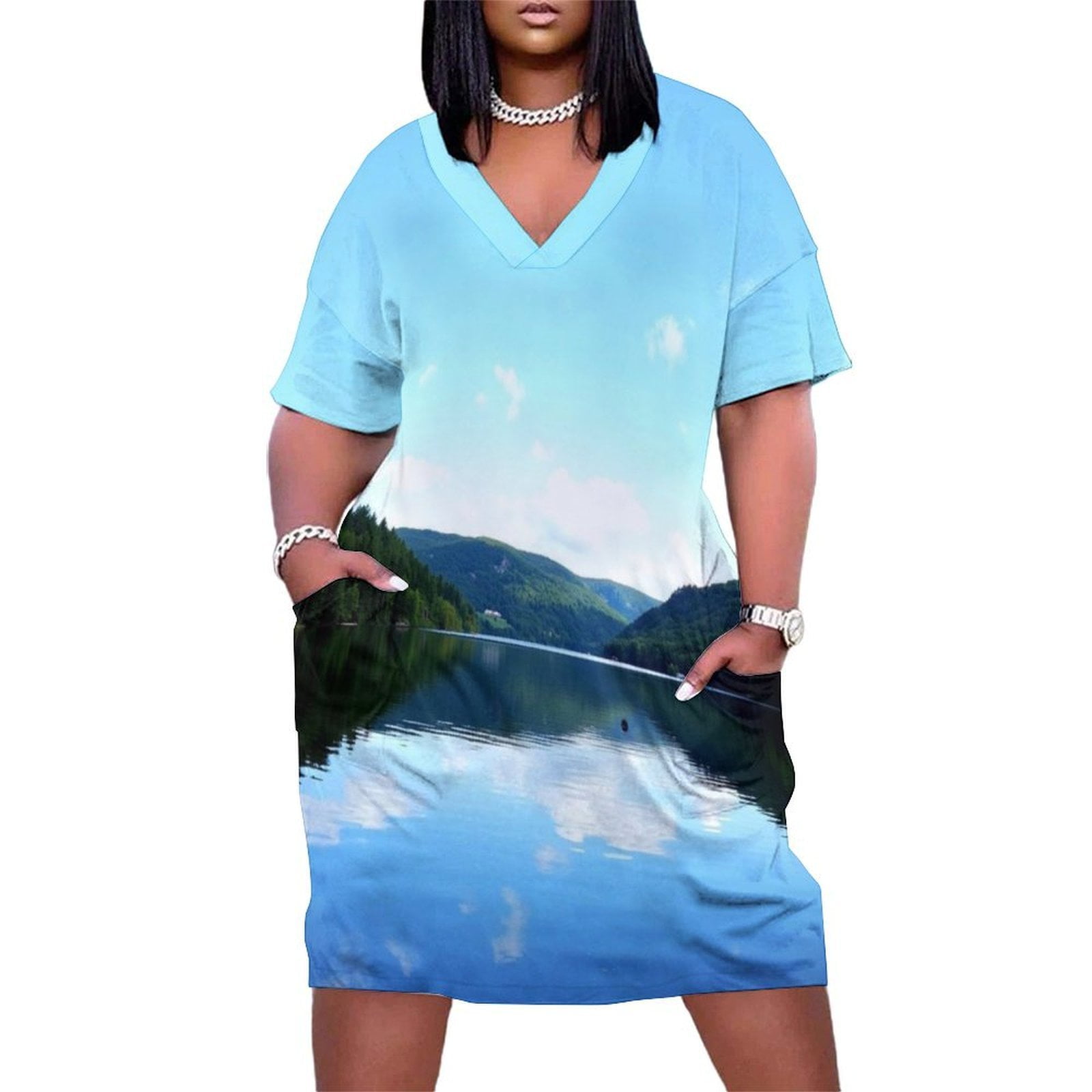 Calm Lake Reflecting Sky View Loose Pocket Dress Dresses Summer Summer ...