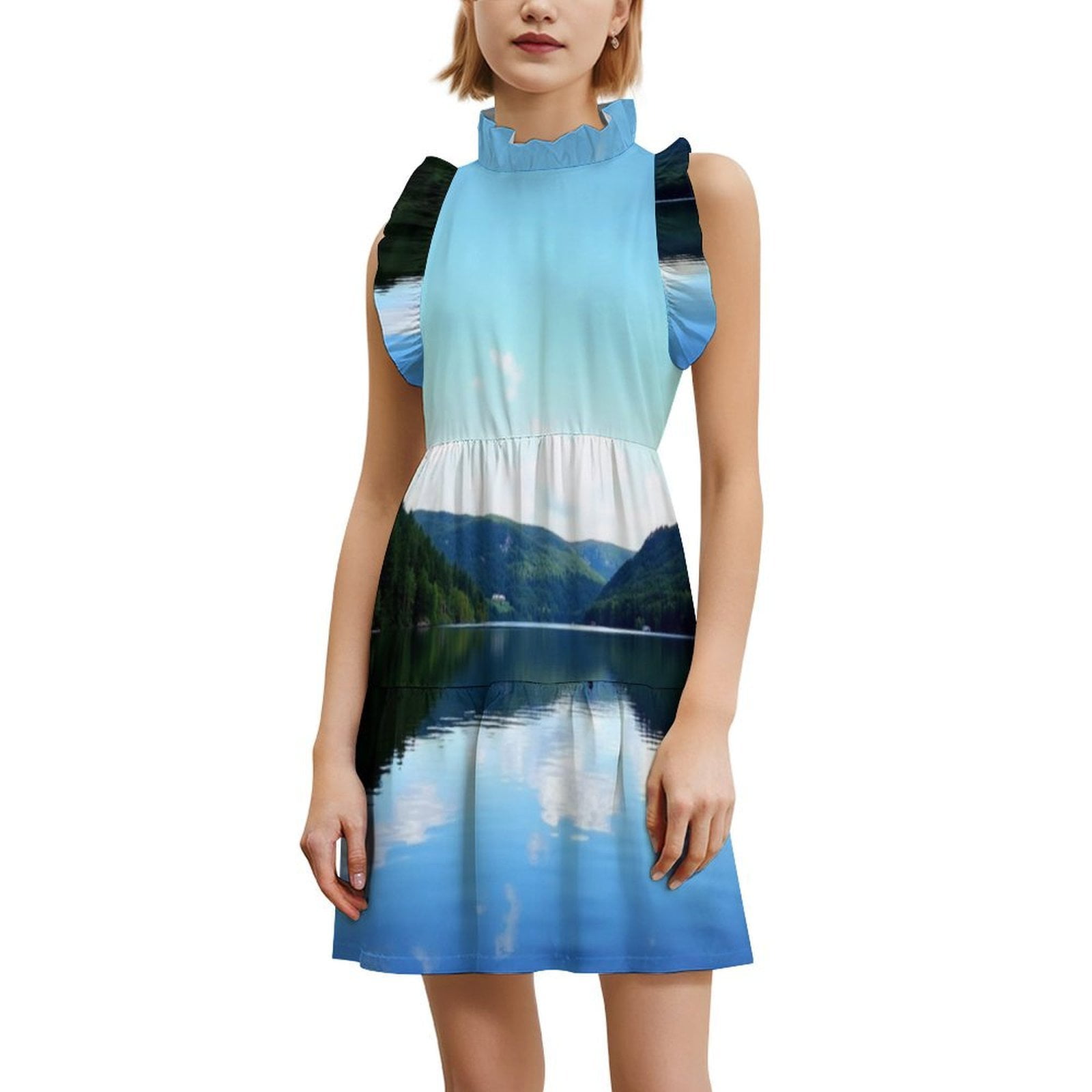 Calm Lake Reflecting Sky View Women's Fashion Casual Dress Summer Stand ...