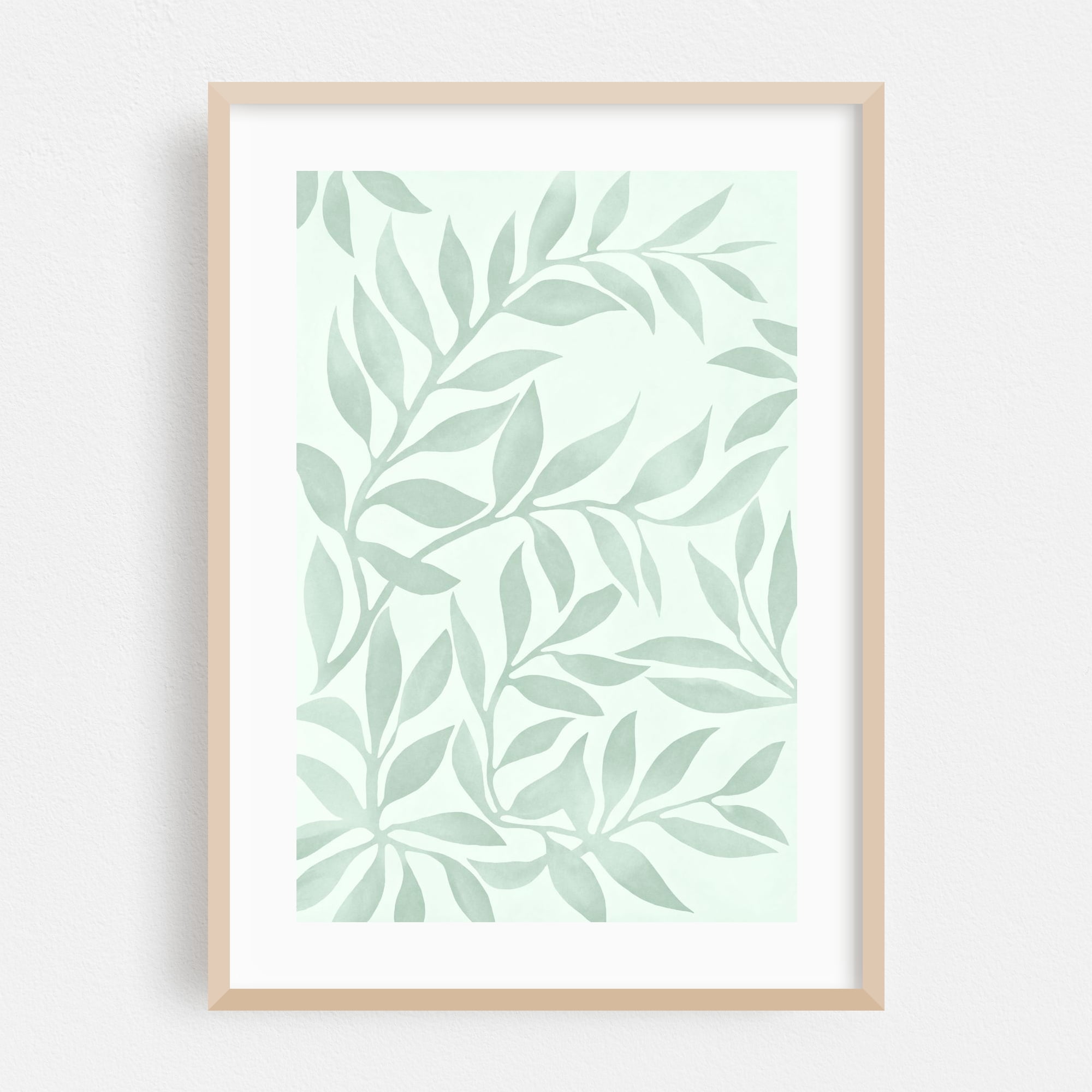 Calm Leaf Botanical Backdrop Sage Green - Painting Oak Framed Wall Art ...