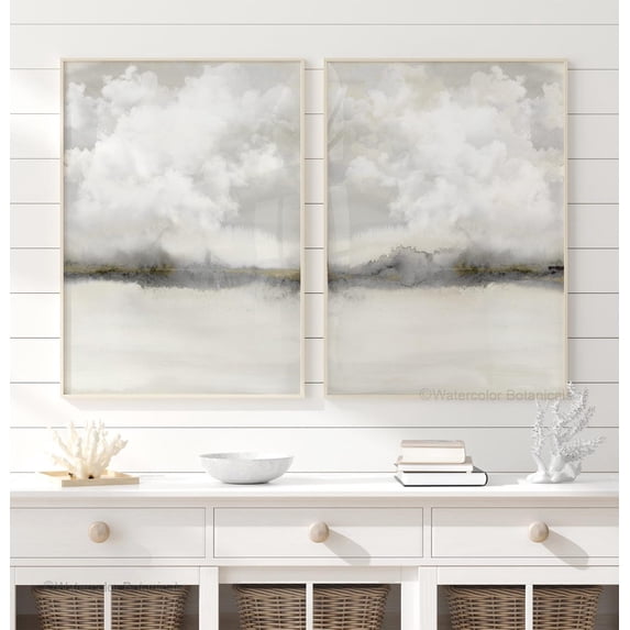 Calm Neutral Horizon Duo Soft Vertical Landscape Minimal Wall Art Set 2 ...