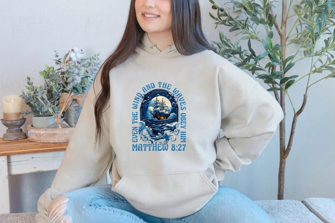 Calm Sea Quote Hoodie Winds Obey Him in Retro Bible Graphic Style, for ...