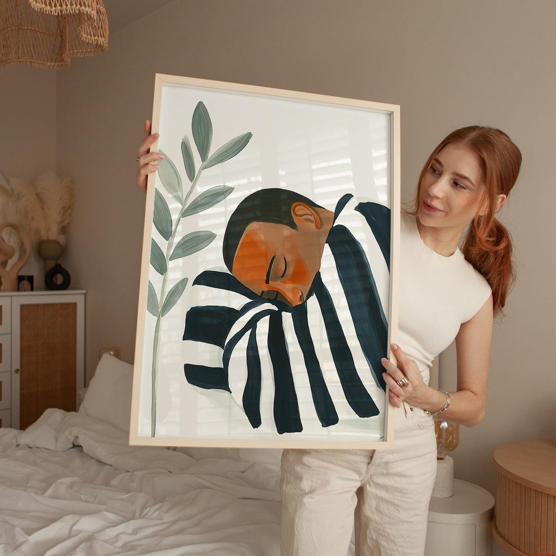 Calm Sleeping Man In Striped Shirt With Botanical Detail – Minimalist ...