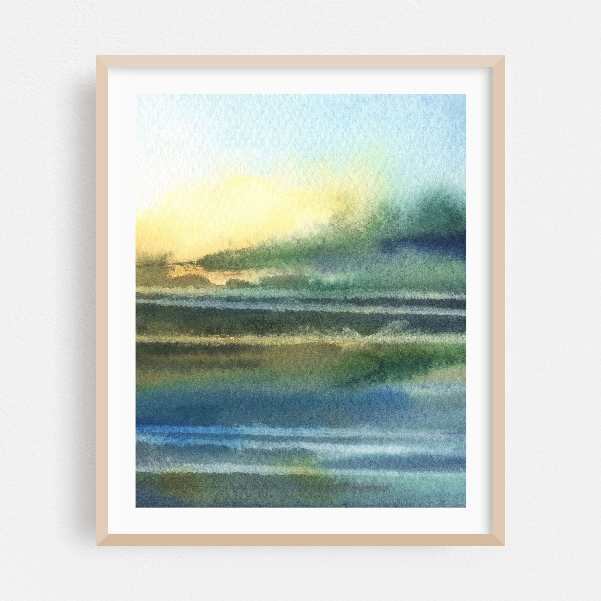Calm Waves Glowing Skies Abstract Watercolor Contemporary Landscape ...