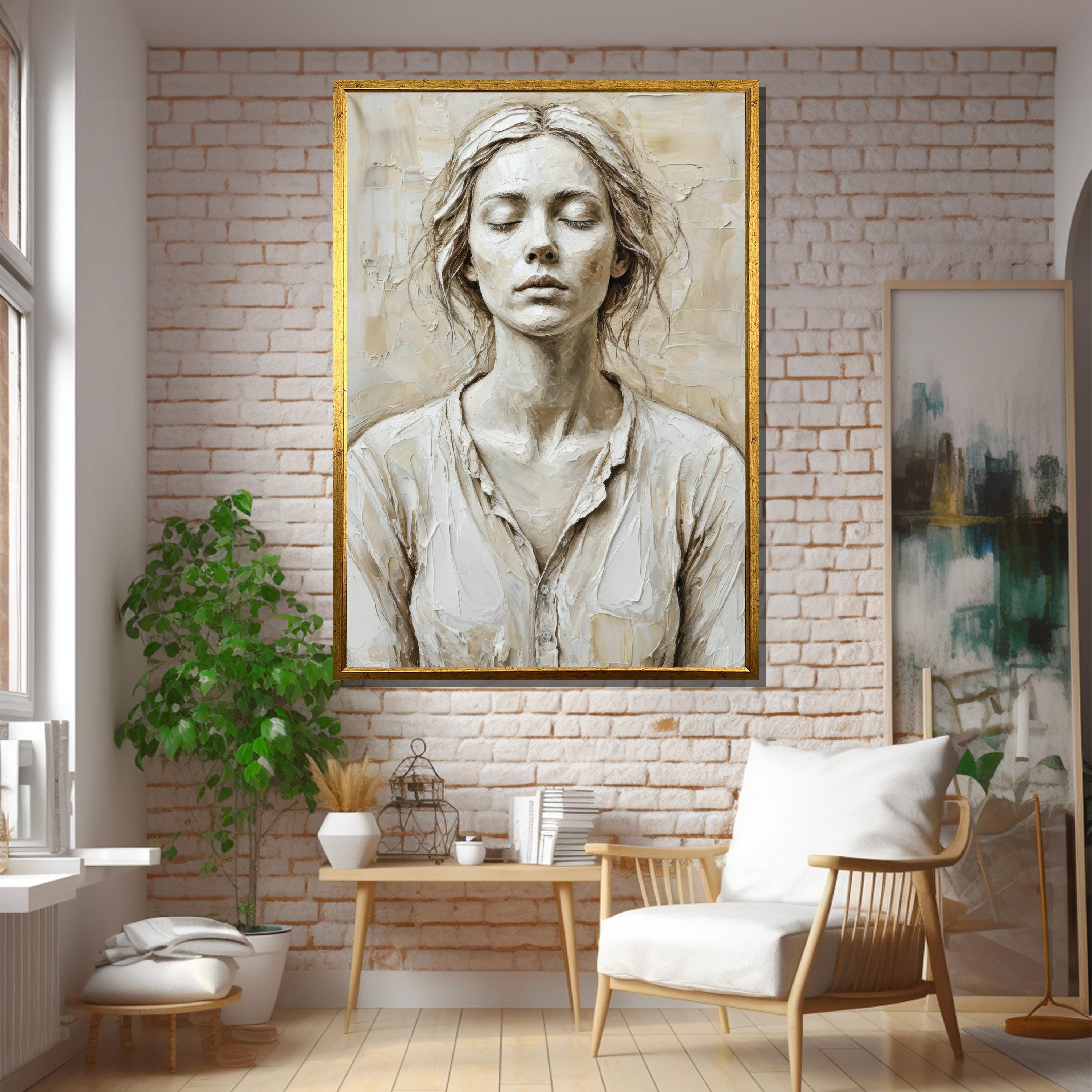 Calm Woman Portrait – Minimal Female Art – (Black, White, Gold, Silver ...