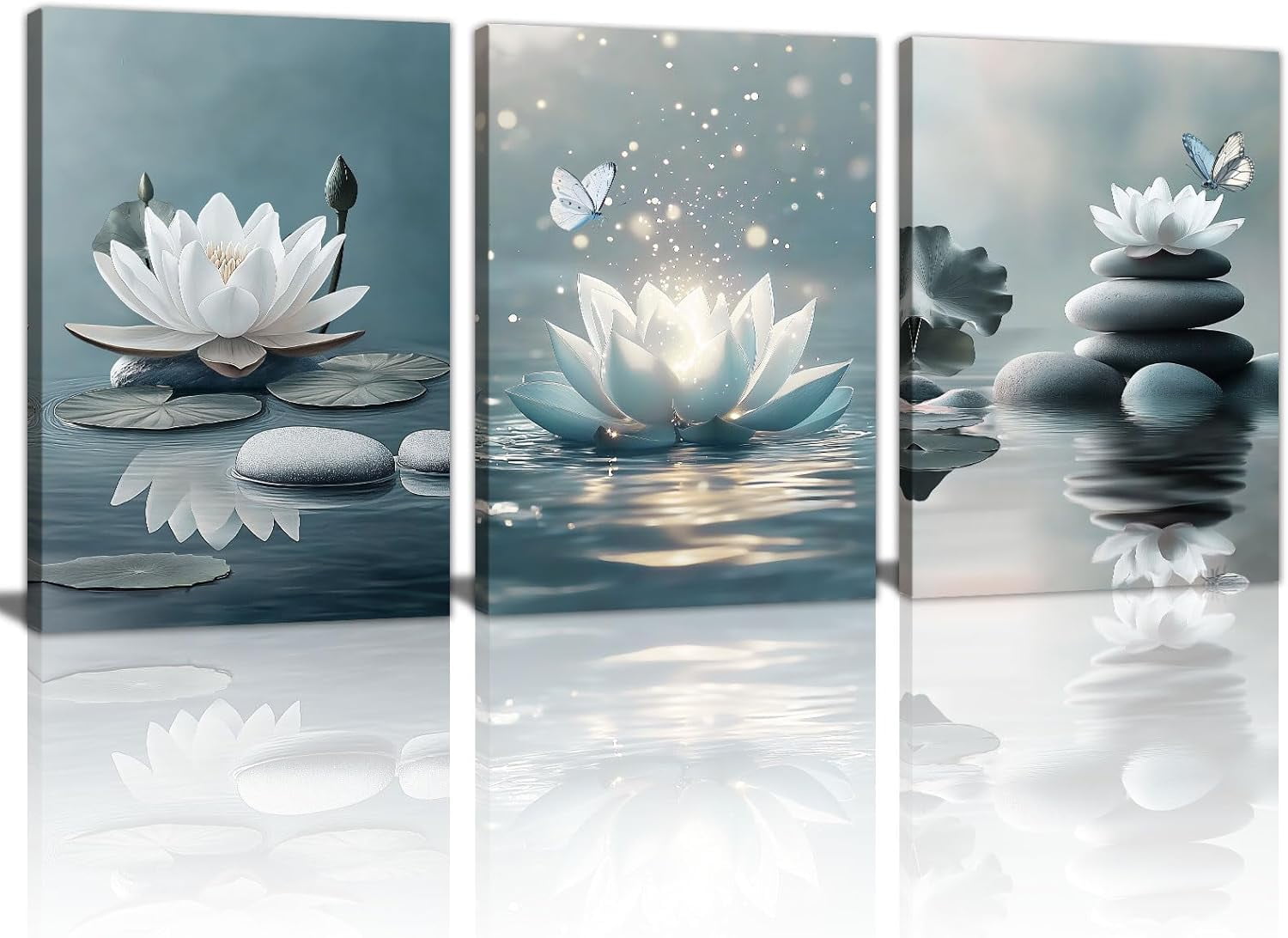 Calm Zen Butterfly Canvas Wall Art, Blue Water Lily Pond Pictures Zen ...