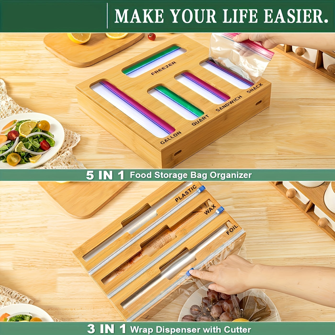 Calmbee 9-in-1 Kitchen Organizer with Wrap Dispenser & Cutter - Natural ...