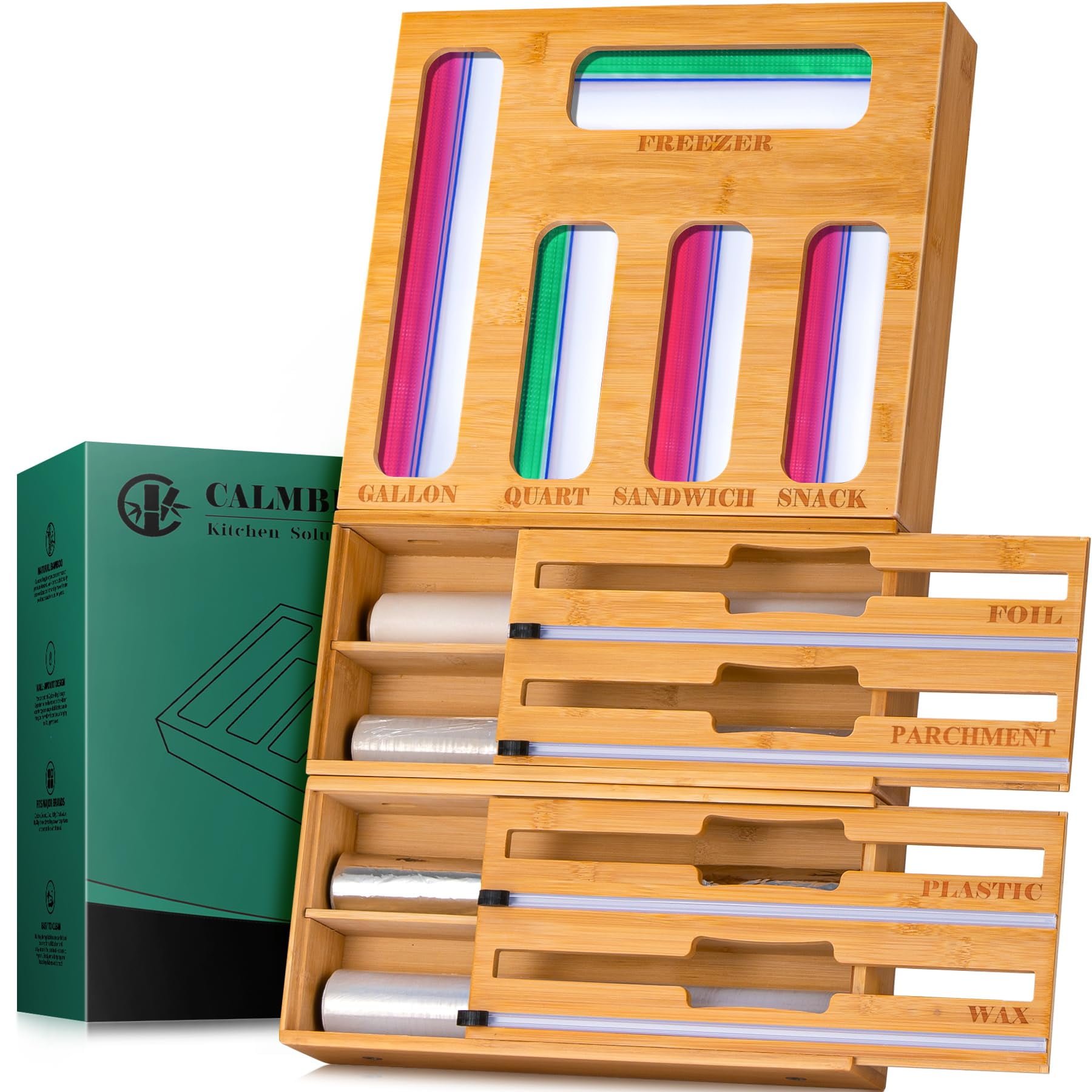 Calmbee Storage Bag Organizer and Wrap Dispenser with Cutter, 9 IN 1 ...