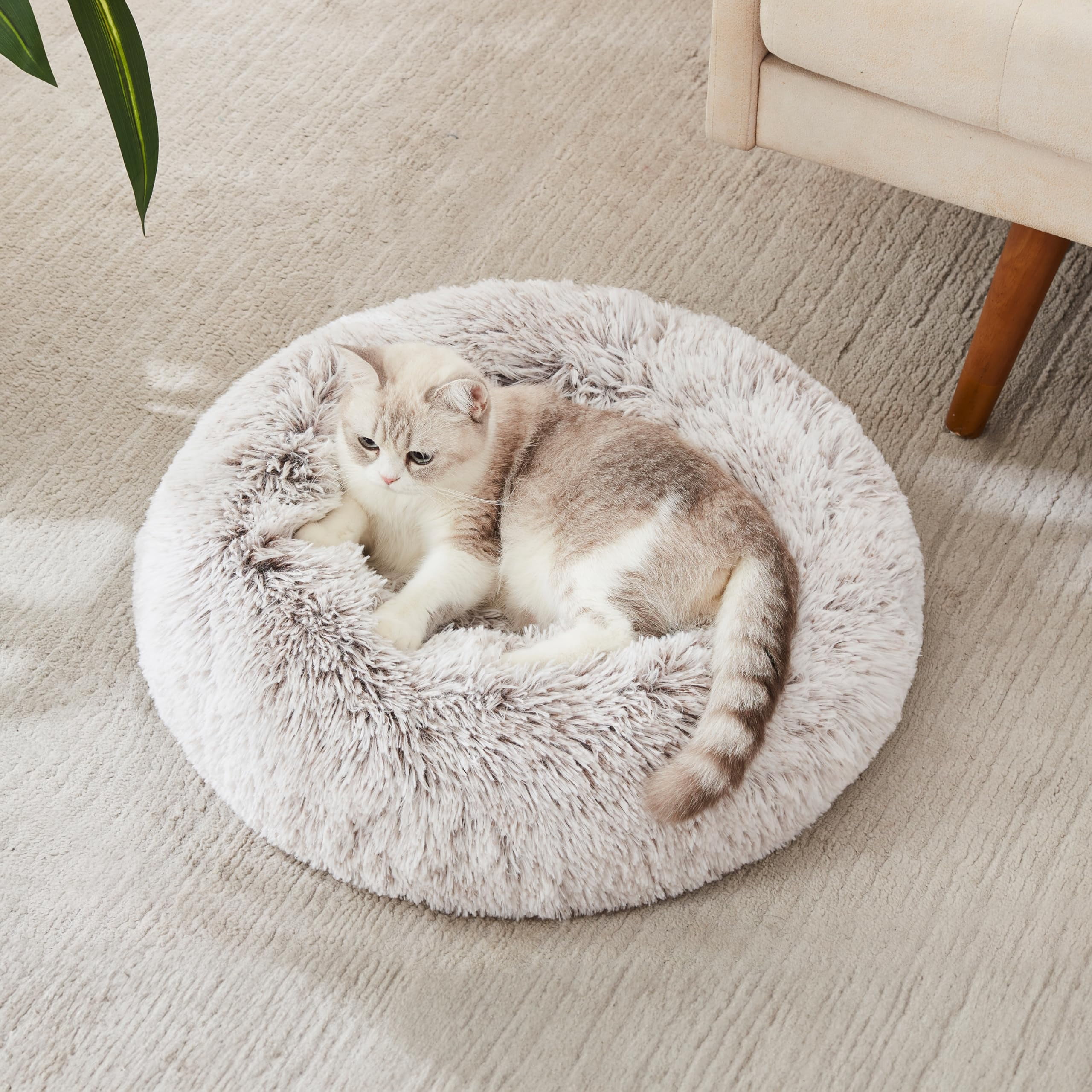 Calming Dog & Cat Bed Donut Cuddler Warming Cozy Soft Round Fluffy Faux ...