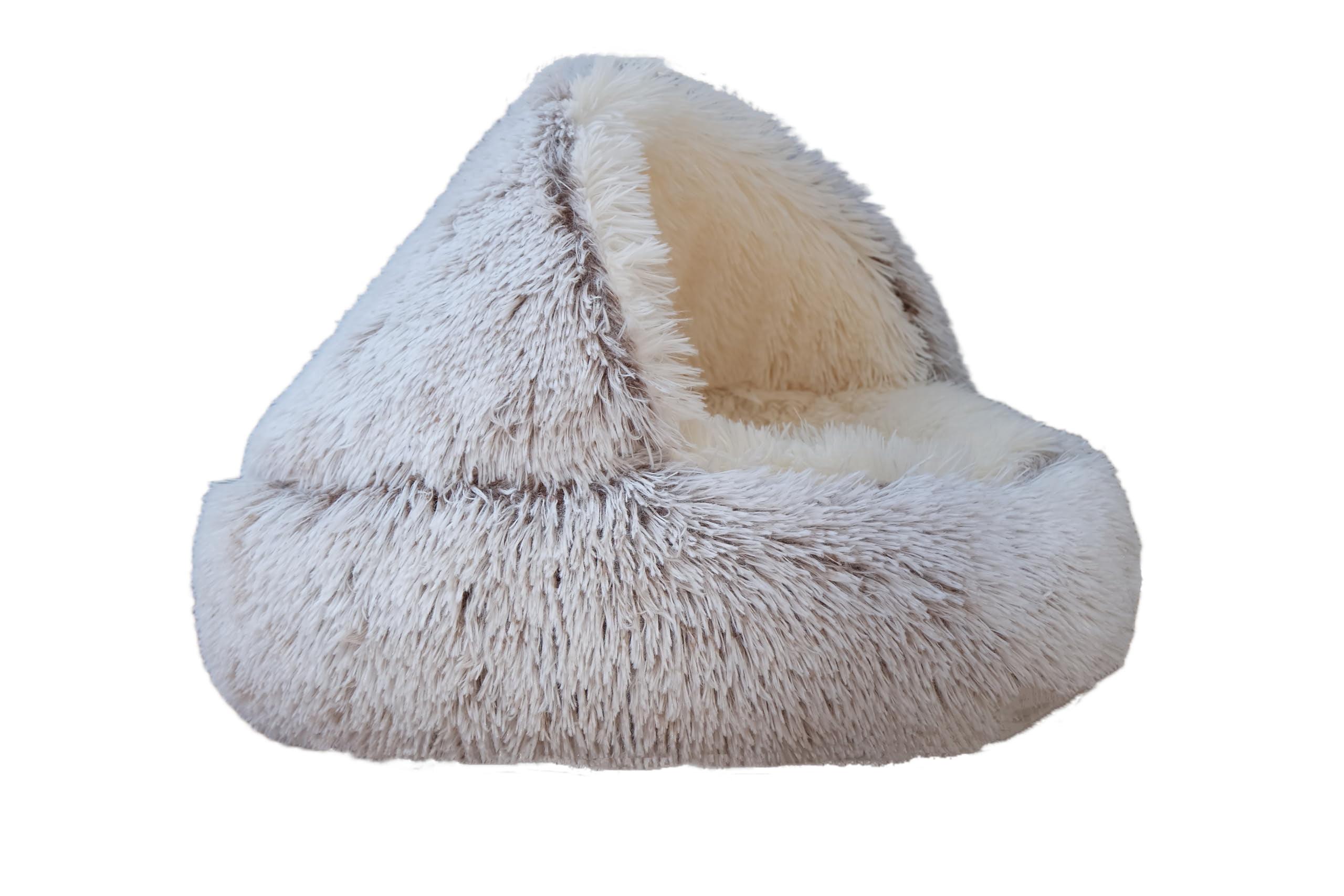 Calming Round Dog Bed & Cat Cave with Hooded Cover, Plush Fluffy Anti ...