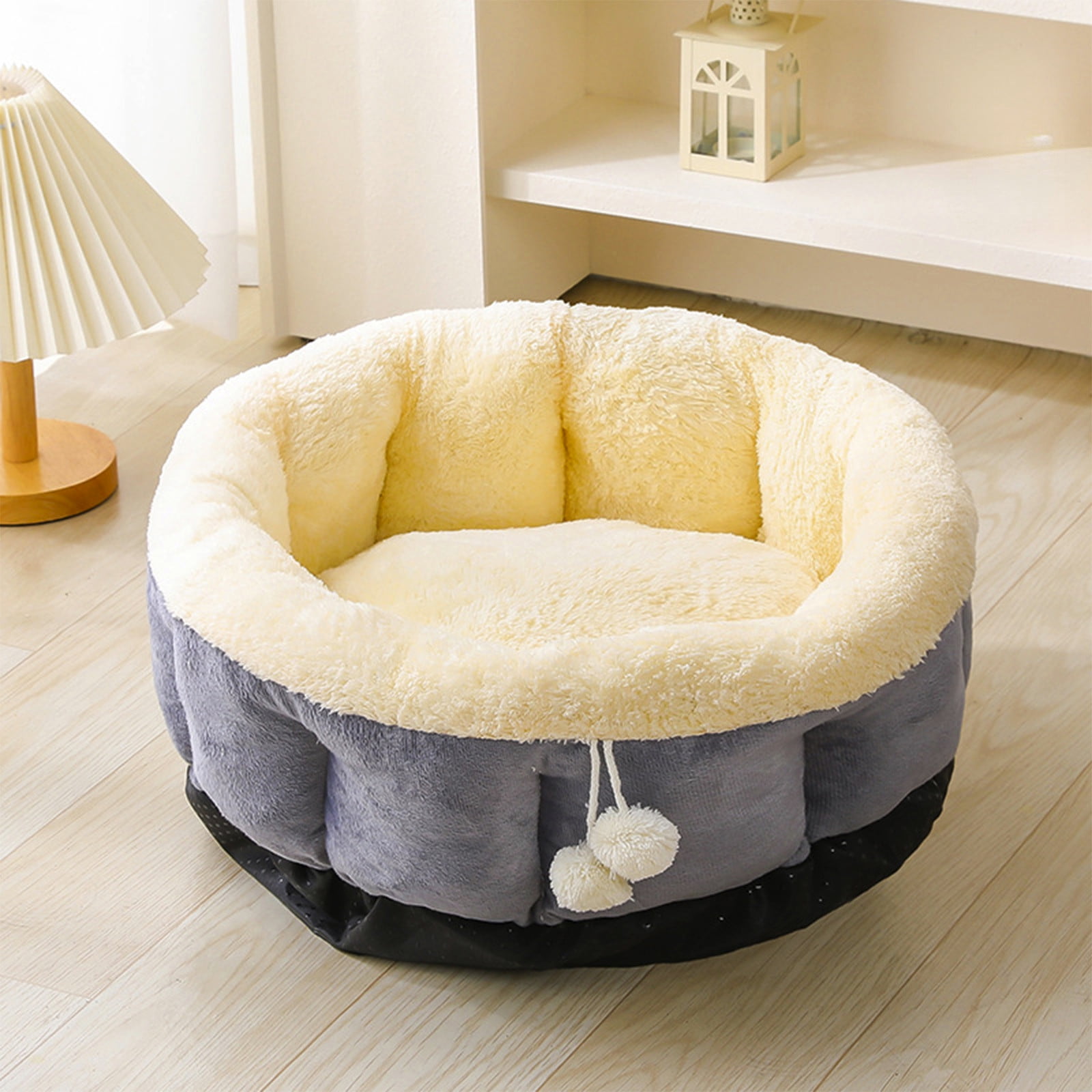 Calming Round Pet Bed, Fluffy Faux Fur Donut Cushion with Raised ...