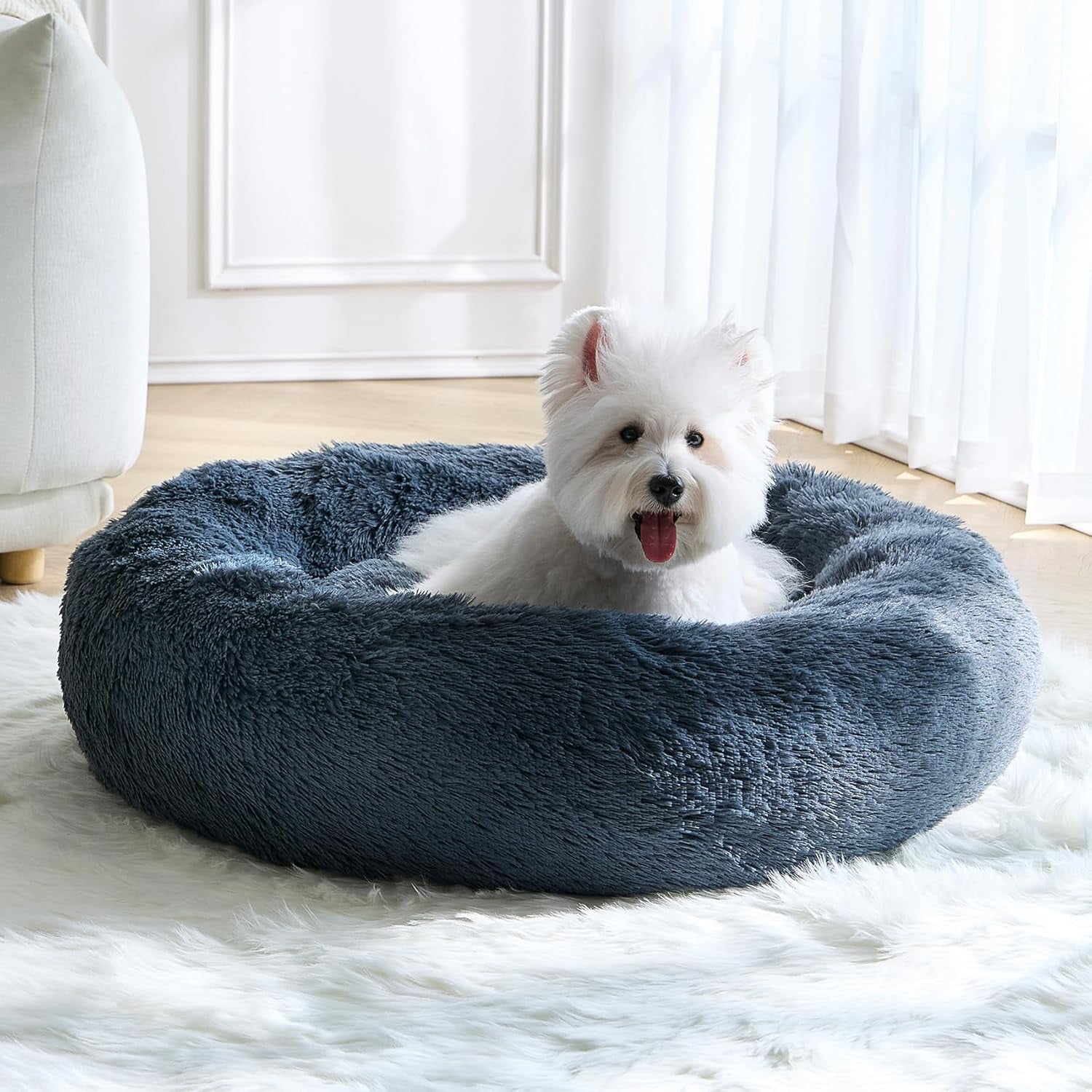 Calming Small Dog Bed, Donut Fluffy Anti-Anxiety Round Washable Cute Bed, Plush Cozy Cuddler ...
