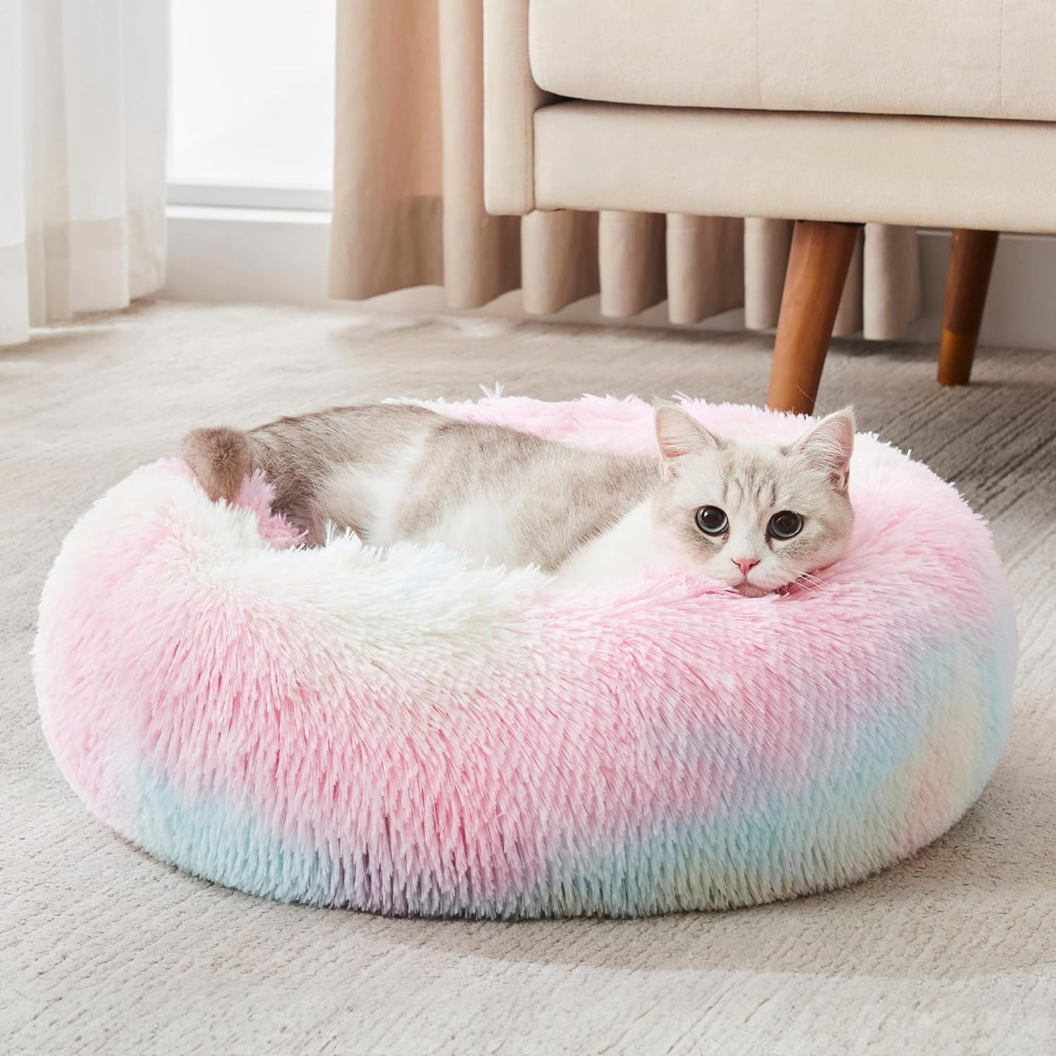 Calming Soft Round Dog & Cat Bed, Anti-Anxiety Donut Cuddler Warming ...