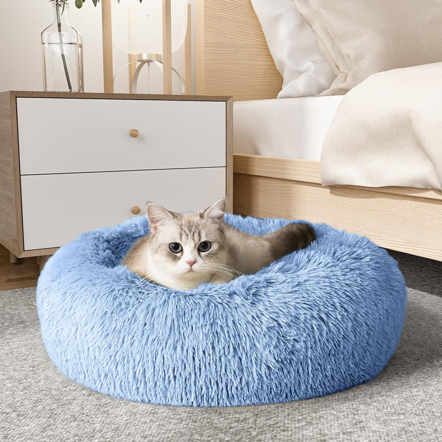 Calming Soft Round Dog & Cat Bed, Anti-Anxiety Donut Cuddler Warming ...