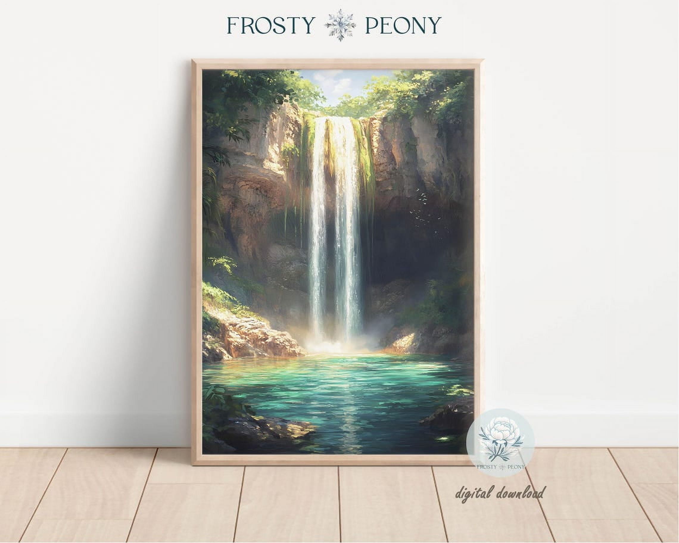 Calming Sunlit Waterfall Art Print, Nature Lakeside Scenery Wall Art ...