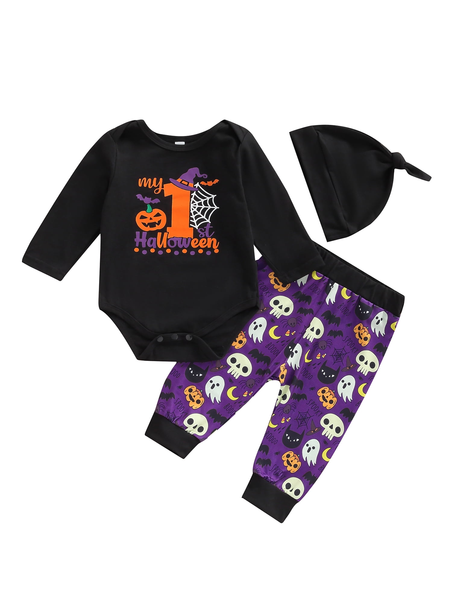Calsunbaby 3Pcs Newborn Baby Boy Girl Halloween Outfit Long Sleeve Letters Print Bodysuit Ghost ...