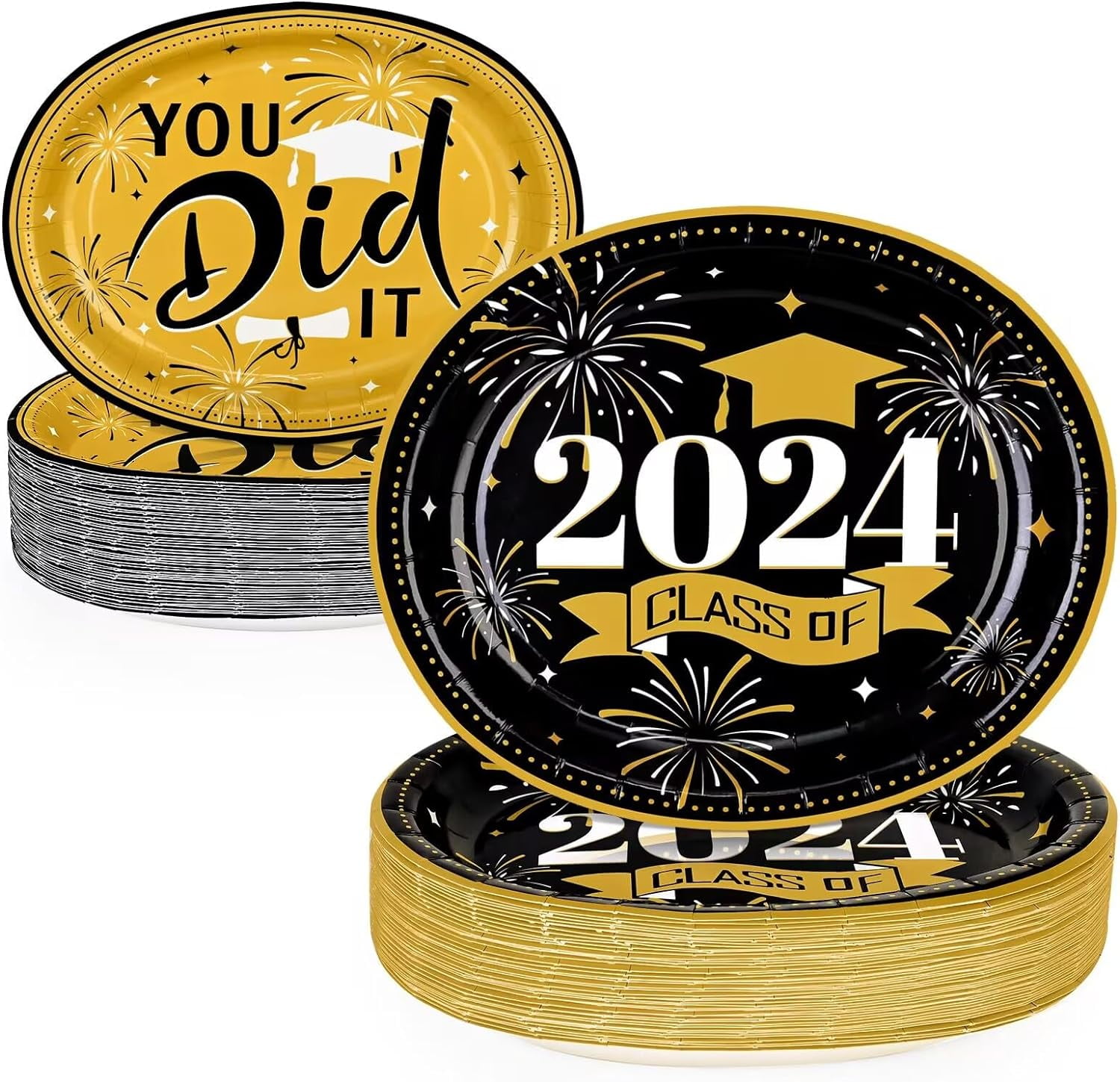 Caltero Graduation Celebration Pack: 100PCS Black and Gold Disposable ...