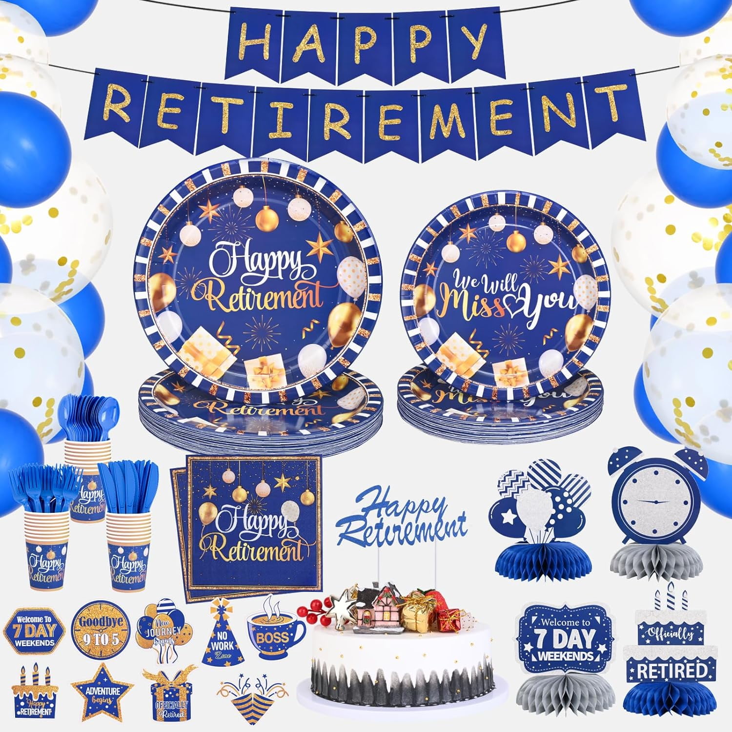 Caltero 247 PCS Blue Retirement Party Supplies with Plates, Napkins ...