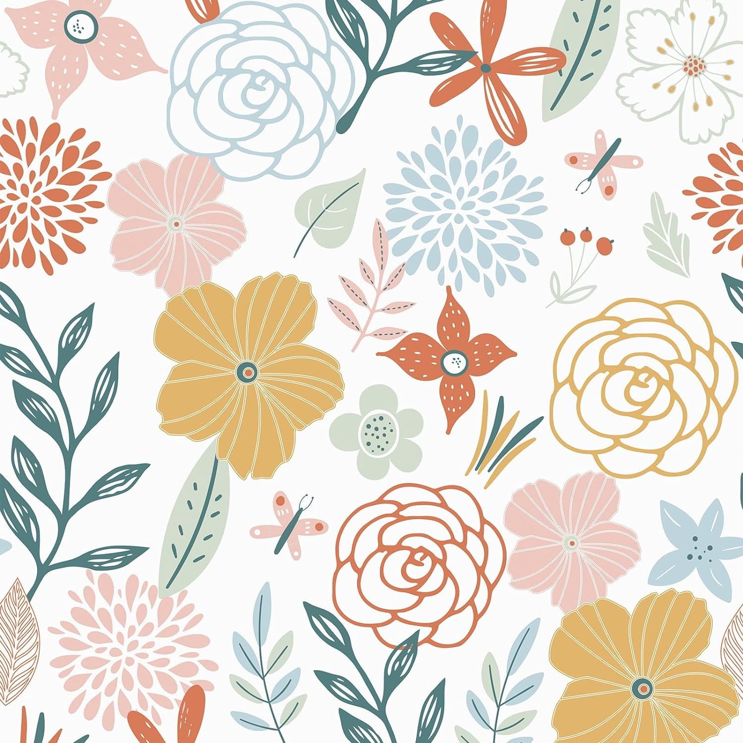 Caltero Boho Floral Wallpaper, Peel & Stick, 17.71”×394”, Pink, Self ...