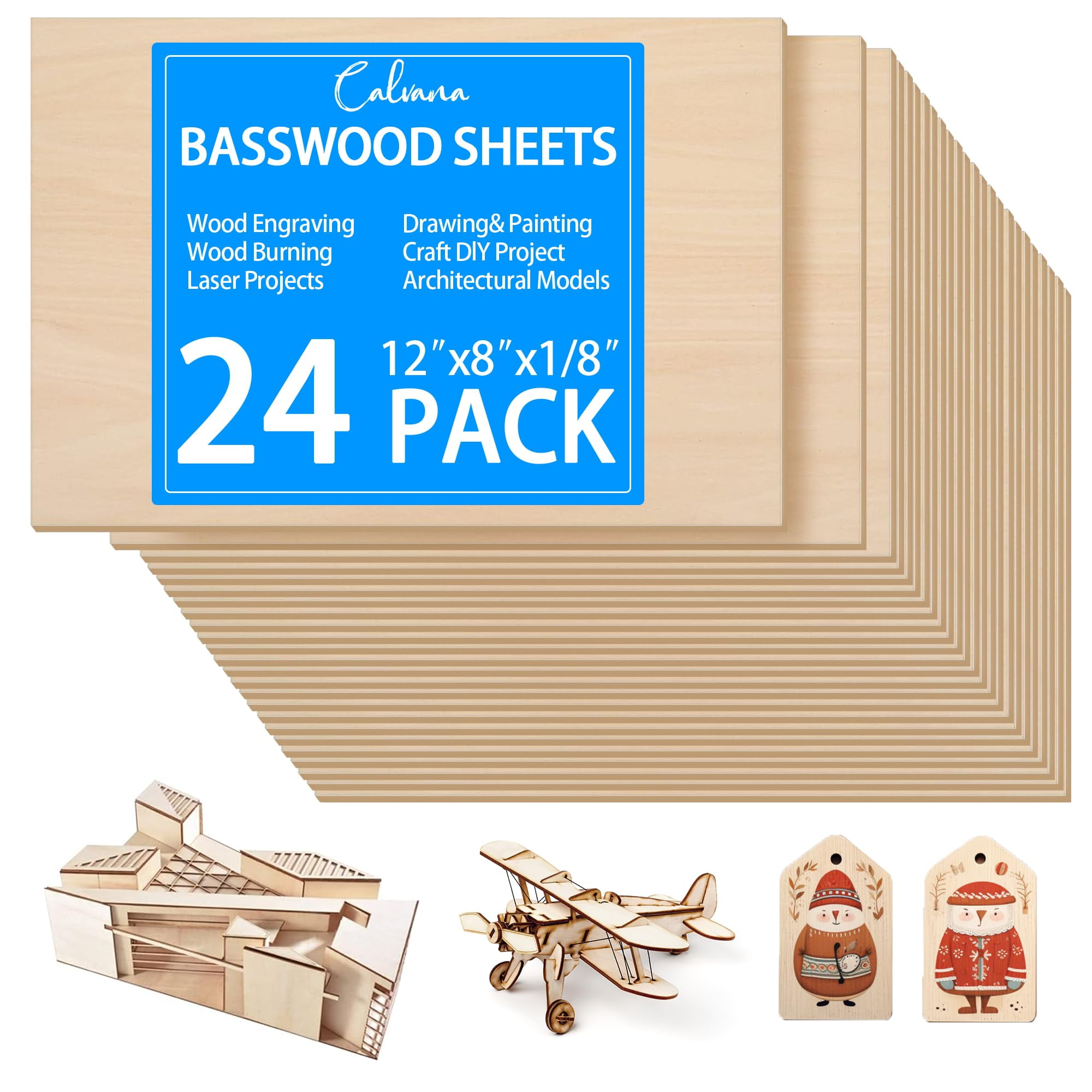 Calvana 24 Pack Balsa Sheets 12"x8"x1/8", Wooden Laser Engraving Blanks ...