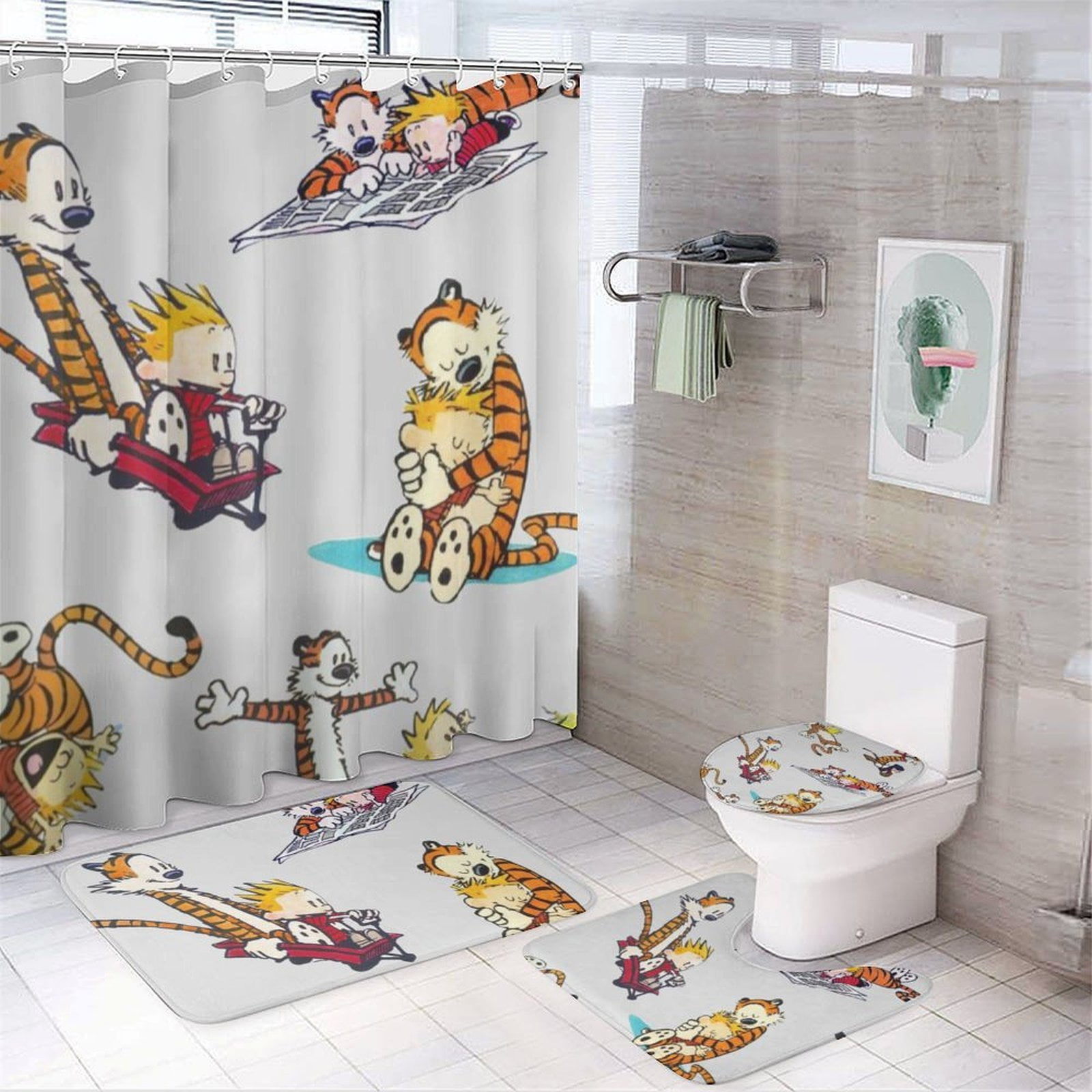 Calvin And Hobbes Shower Curtain Set 4 Piece, Set Bathroom Sets with ...