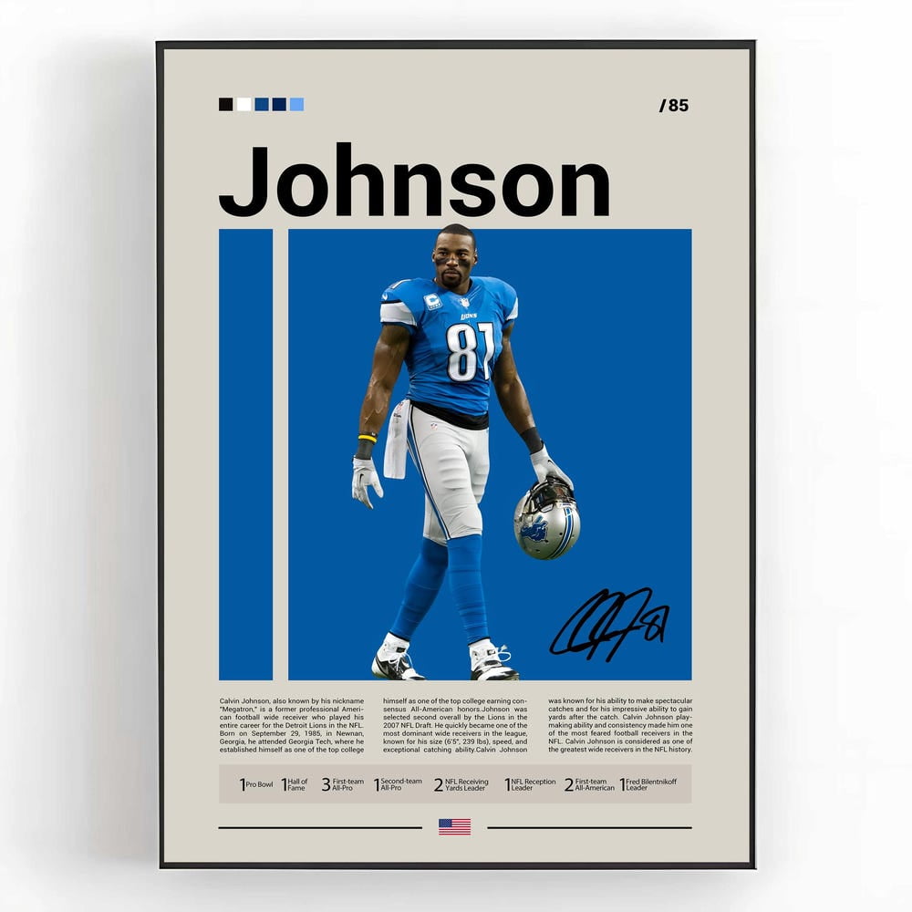 Calvin Johnson Poster, Detroit Print, Wall Art, Football Player Poster ...