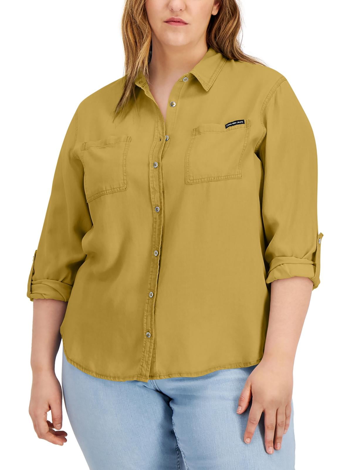 Calvin Klein Jeans Womens Plus Collar Trendy Button Down Top
