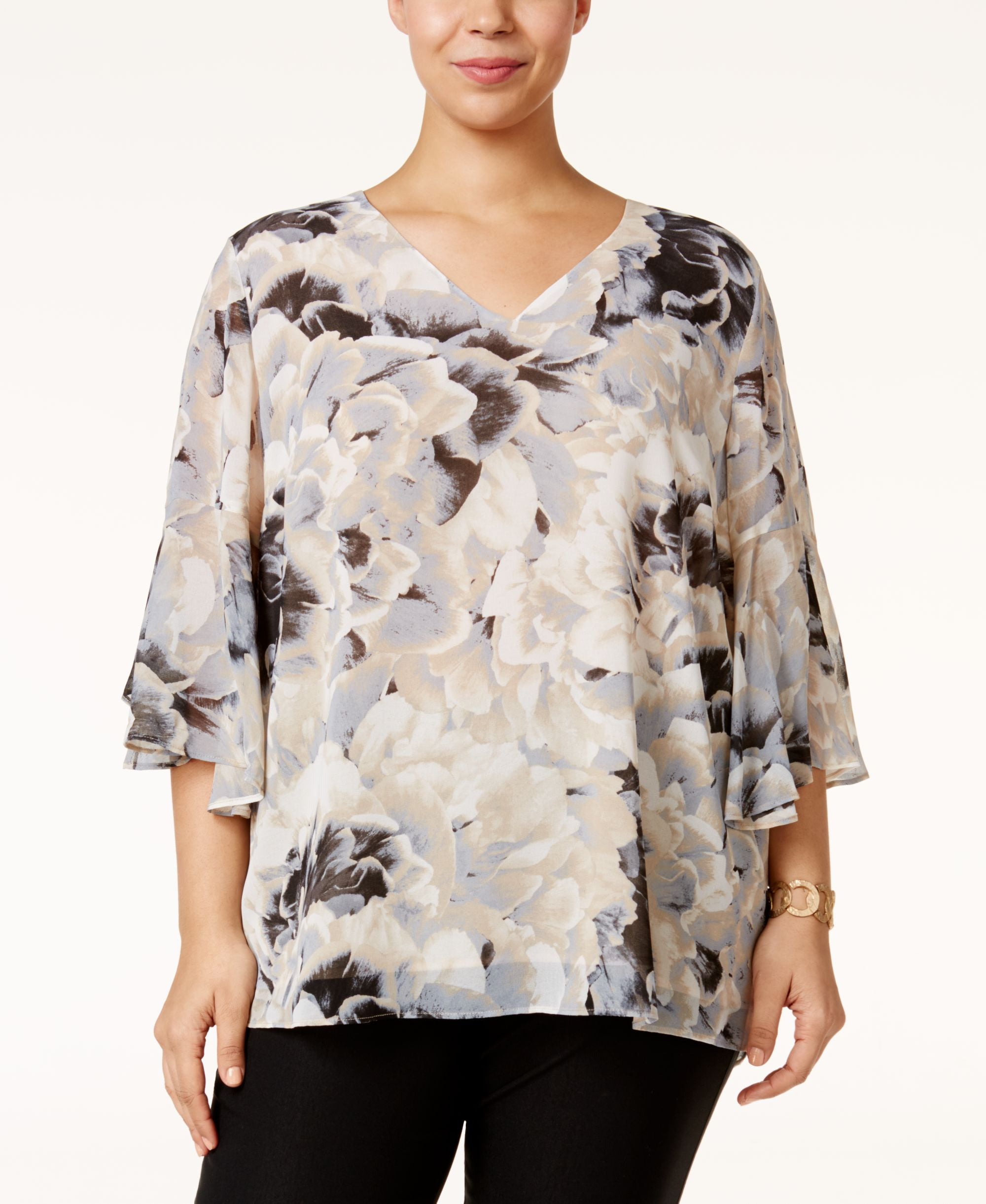 Calvin Klein Plus Size Bell Sleeve Top Lte/Sft Wht Combo 0X - Walmart.com