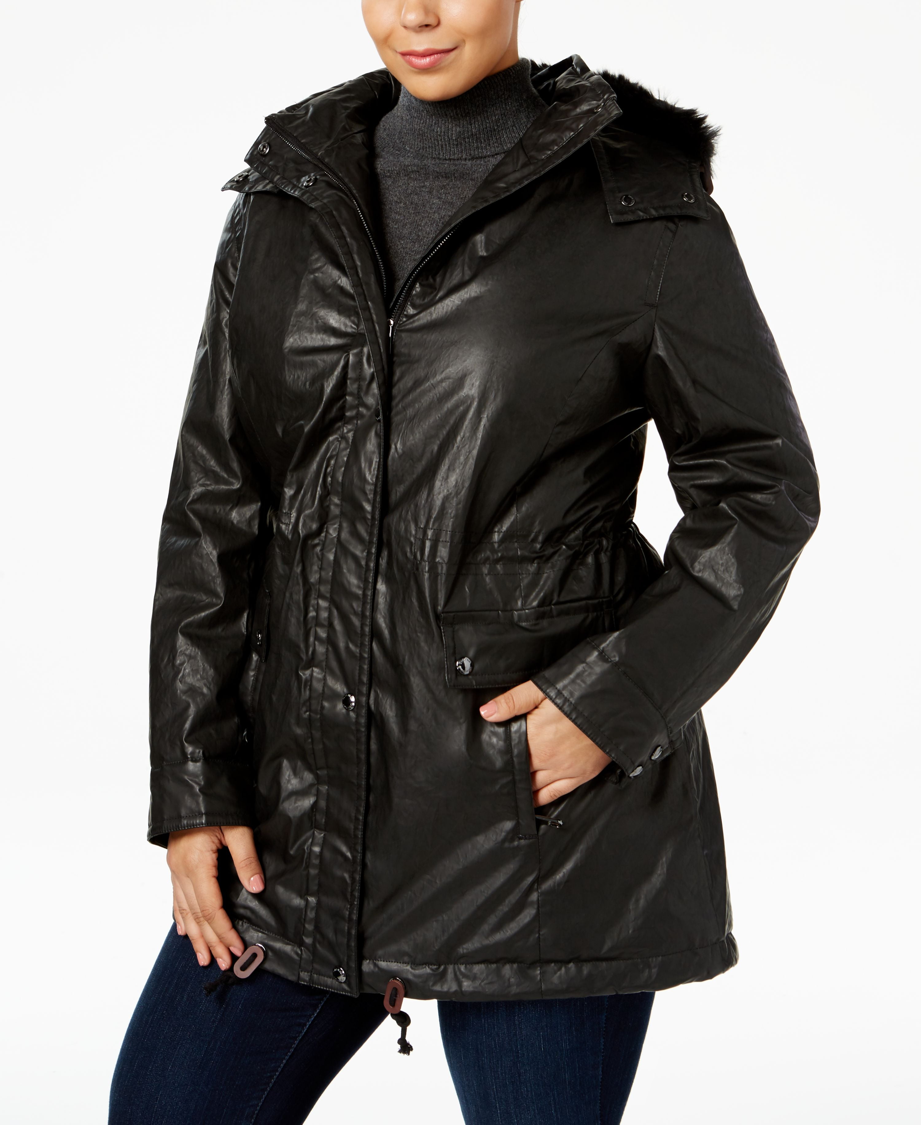 Calvin Klein Plus Size Faux Fur Trim Coated Anorak Black 1X - Walmart.com