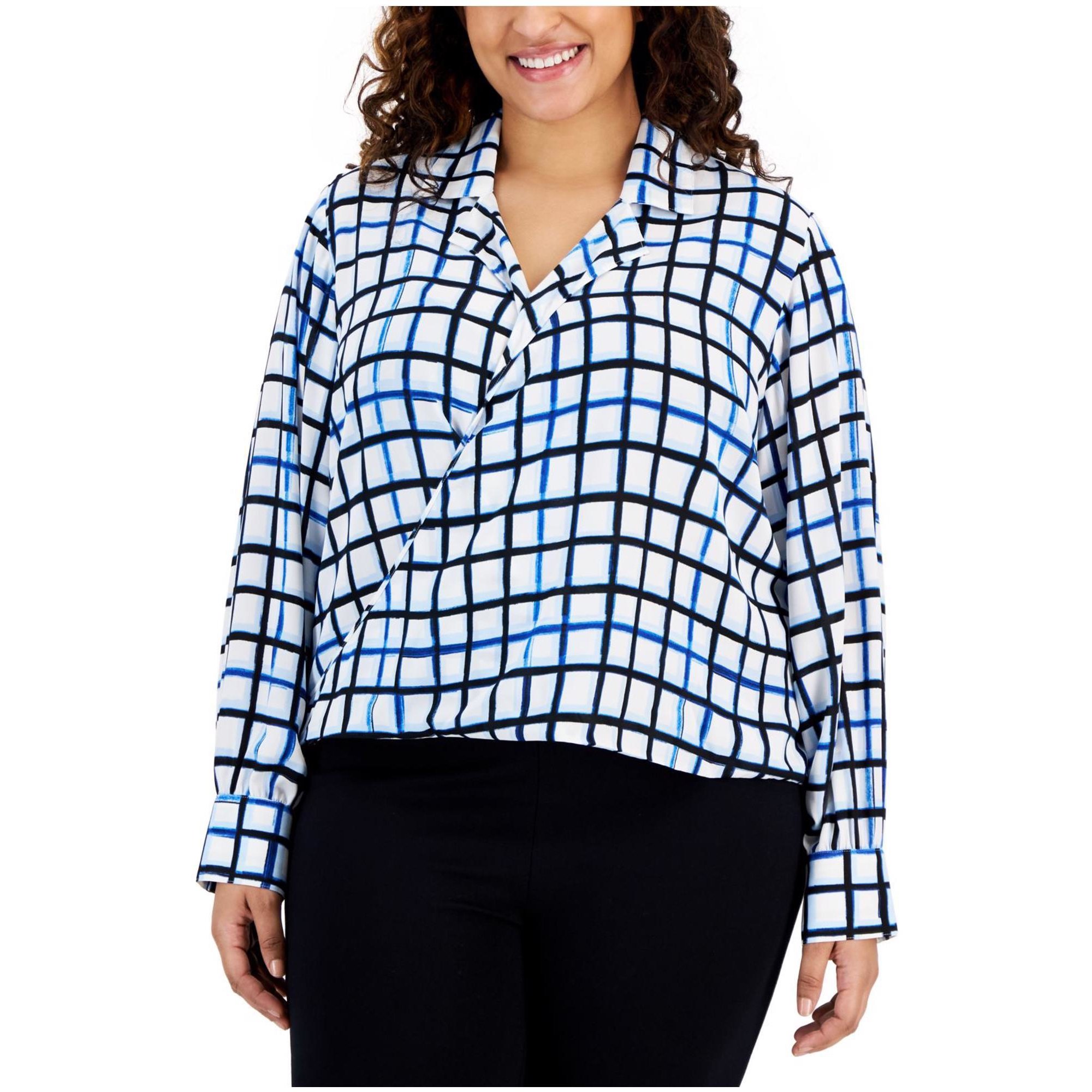 Calvin Klein Womens Printed Wear to Work Pullover Blouse, Blue, Plus ...