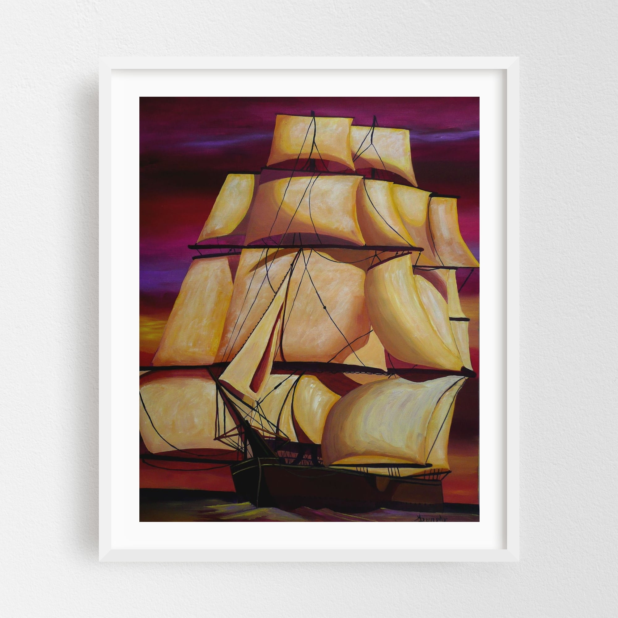 Calypso under Sail - Painting Sailboat Nautical Sunset Seascape Boat ...