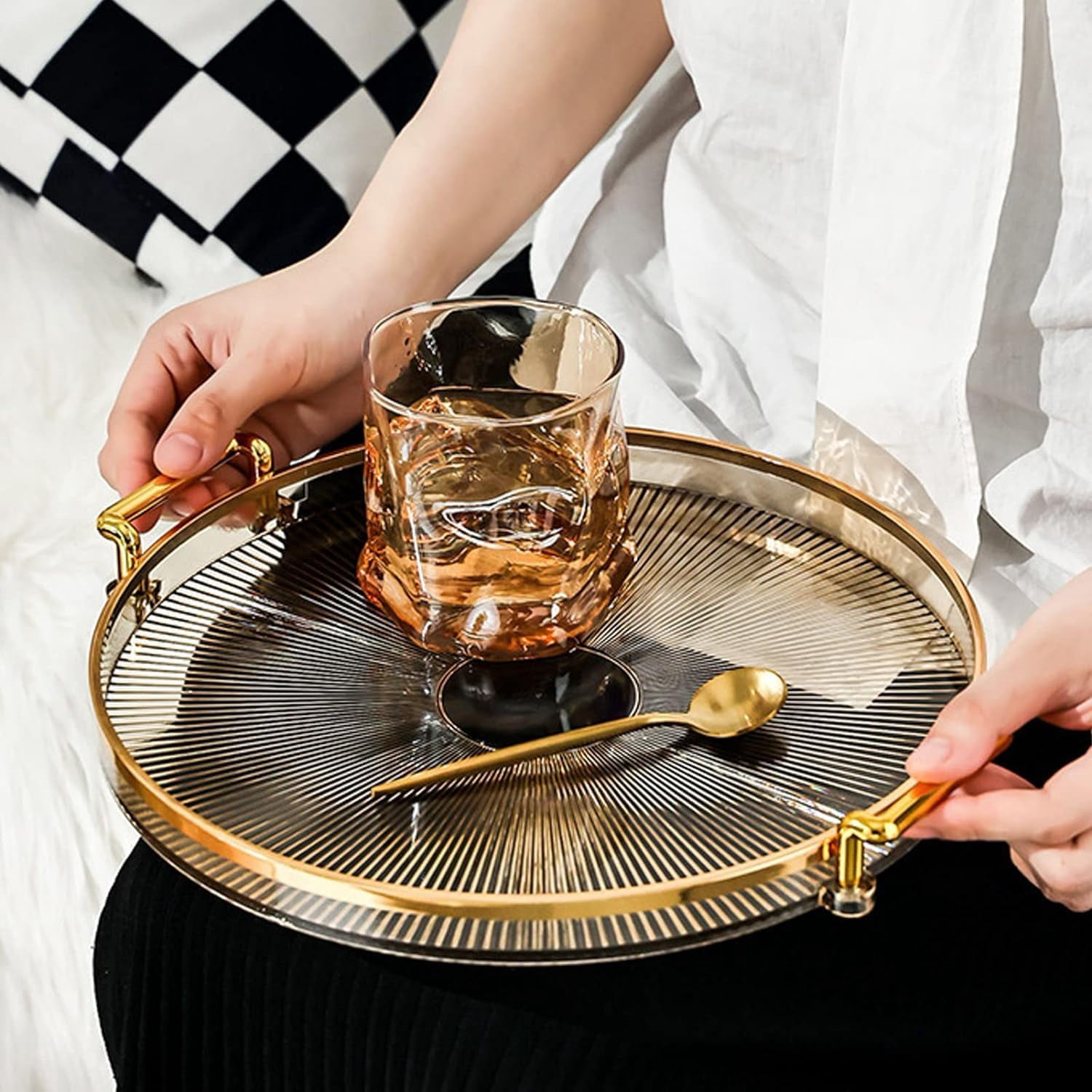 Calyrex Serving Tray with Golden Handles Acrylic Decorative Tray Round ...
