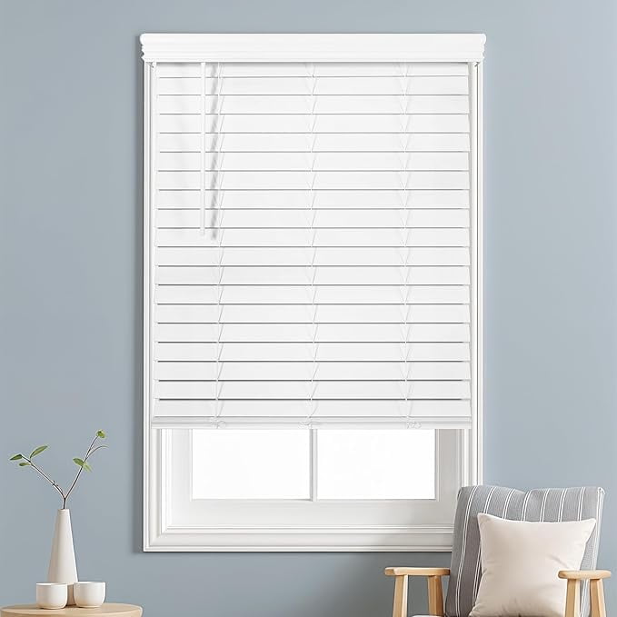 Calyx Interiors 2.5-Inch Cordless Faux Wood Blinds – 31"W x 73"H, White Room Darkening Window ...