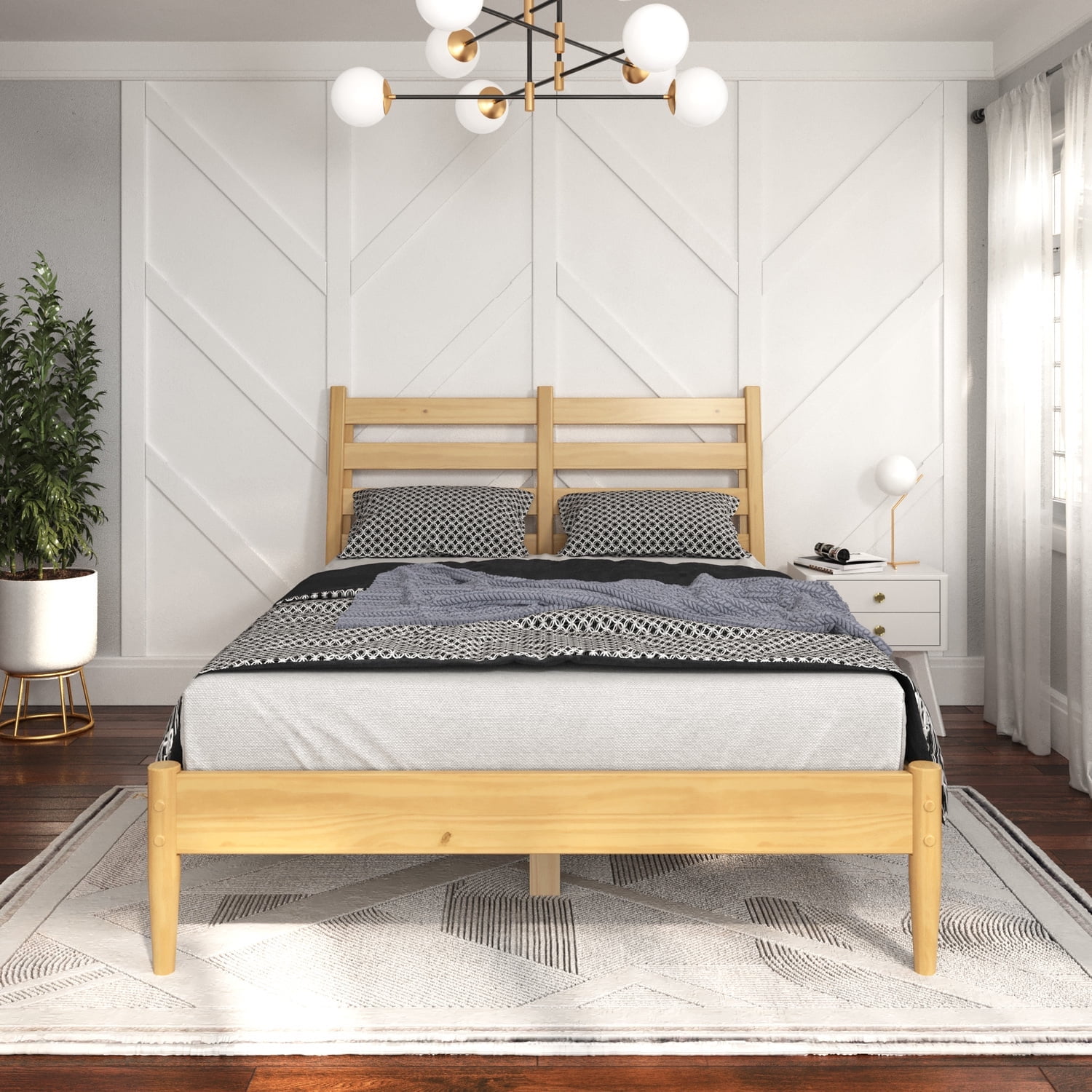 Camaflexi 58.11"W Mid-Century Wood Full Size Slat Bed Oak Finish ...